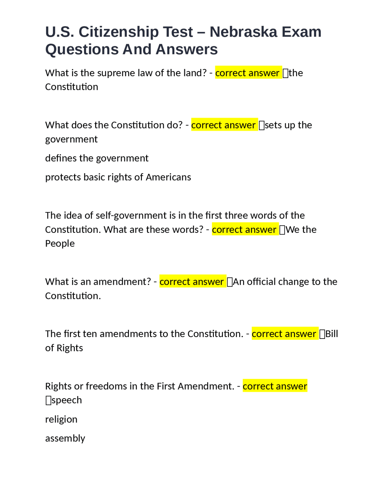 U.S. Citizenship Test - Nebraska Exam: Questions and Answers | Exams ...