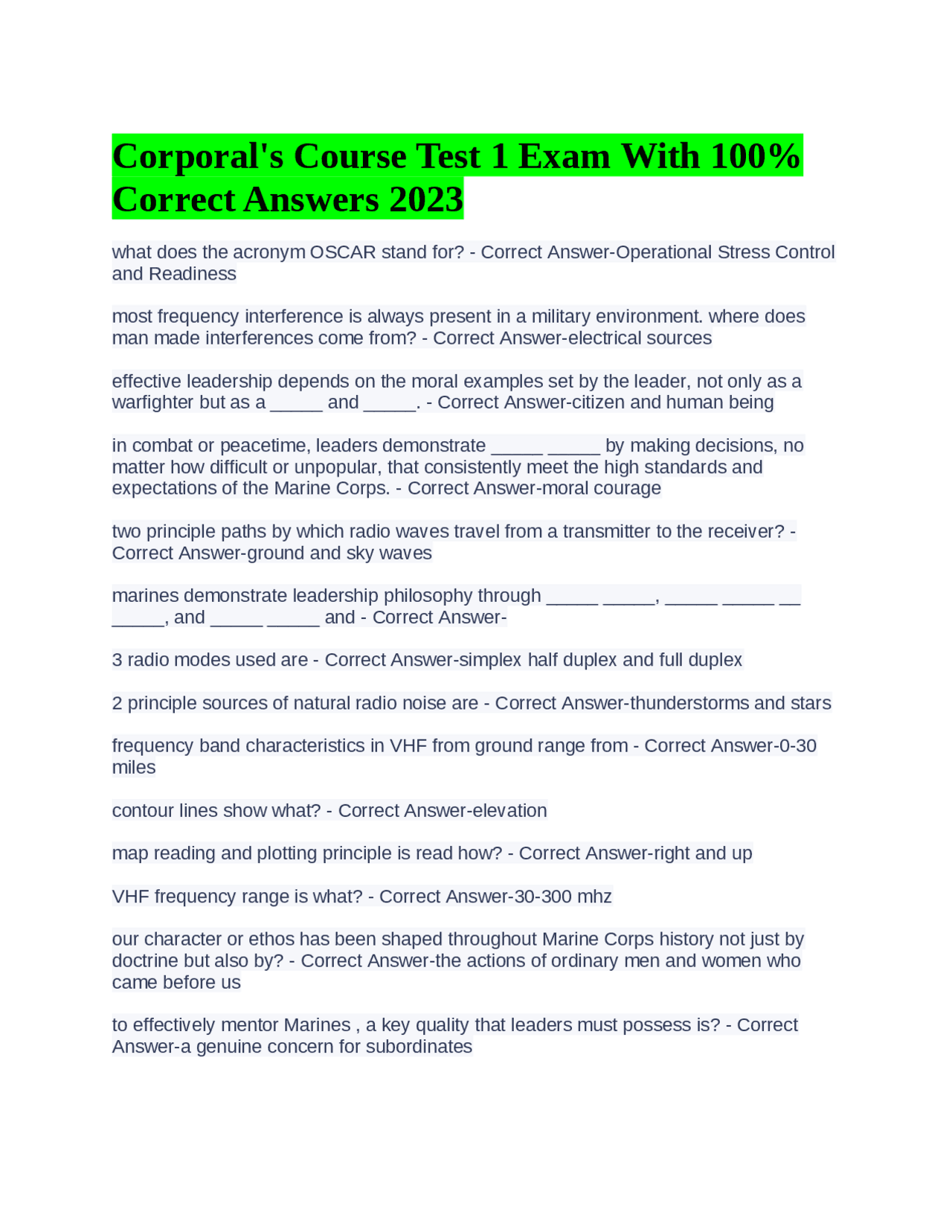 Corporal's Course Test 1: 100% Correct Answers & Guide | Exams Advanced ...