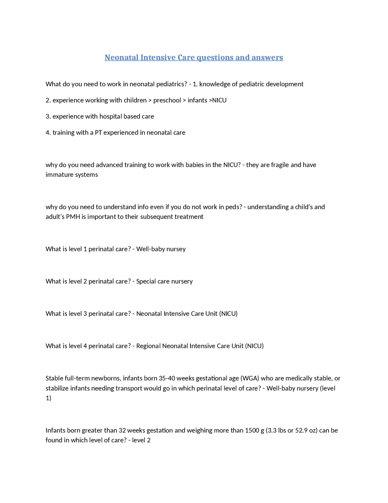 Neonatal Intensive Care: Questions and Answers for Healthcare ...