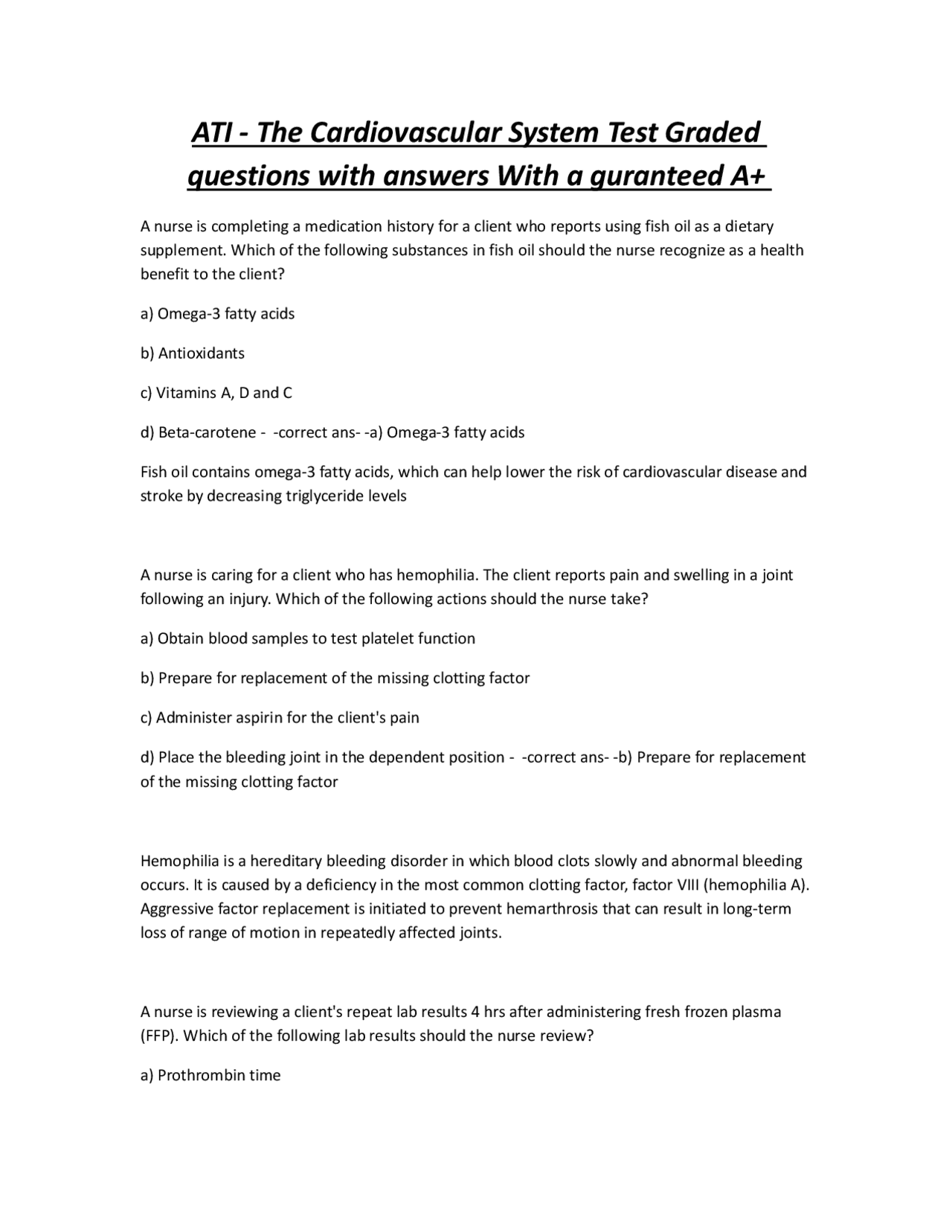 A T I The Cardiovascular System Test | Graded Questions with Answers ...