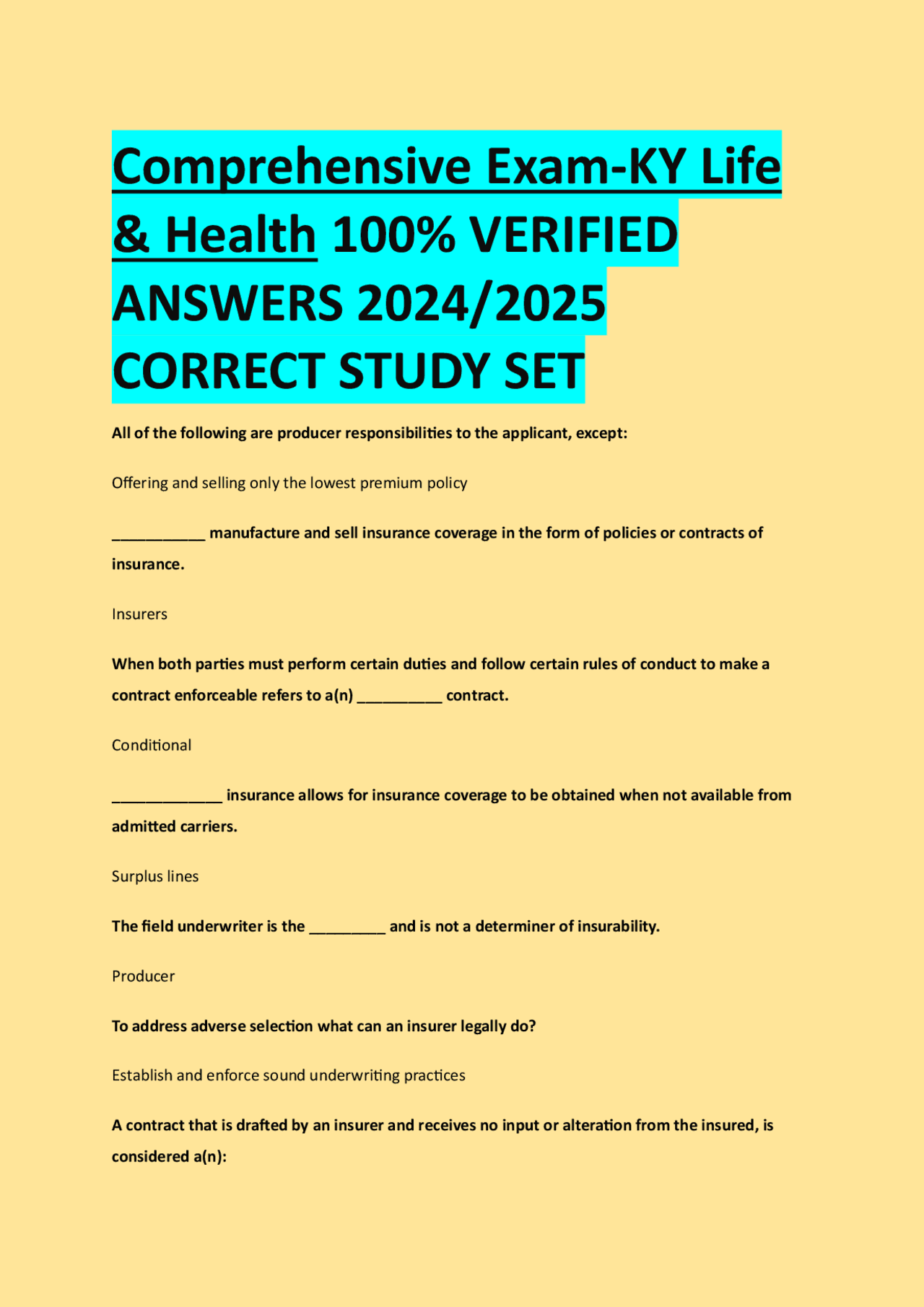 Comprehensive Exam-KY Life & Health 100% VERIFIED ANSWERS 2024/2025 ...
