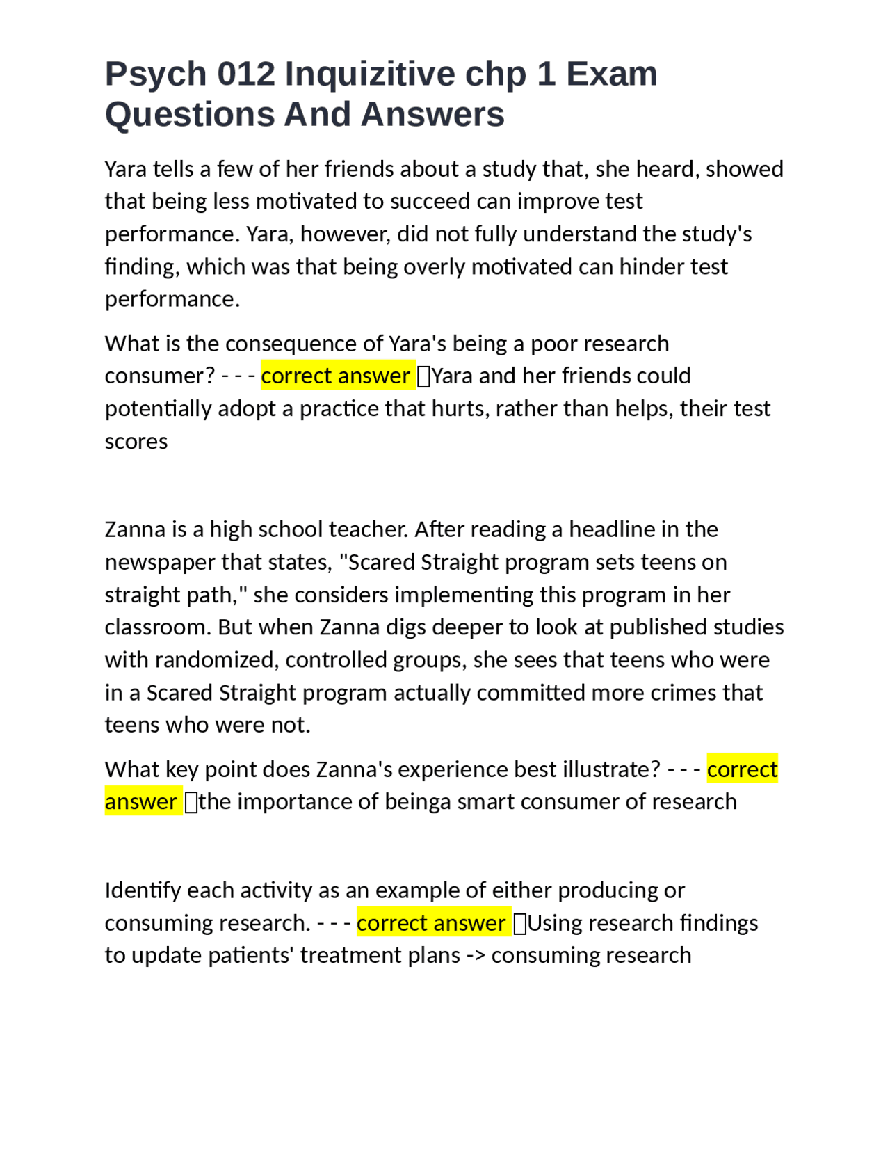 Psych 012 Inquizitive Chapter 1 Exam: Questions and Answers | Exams ...