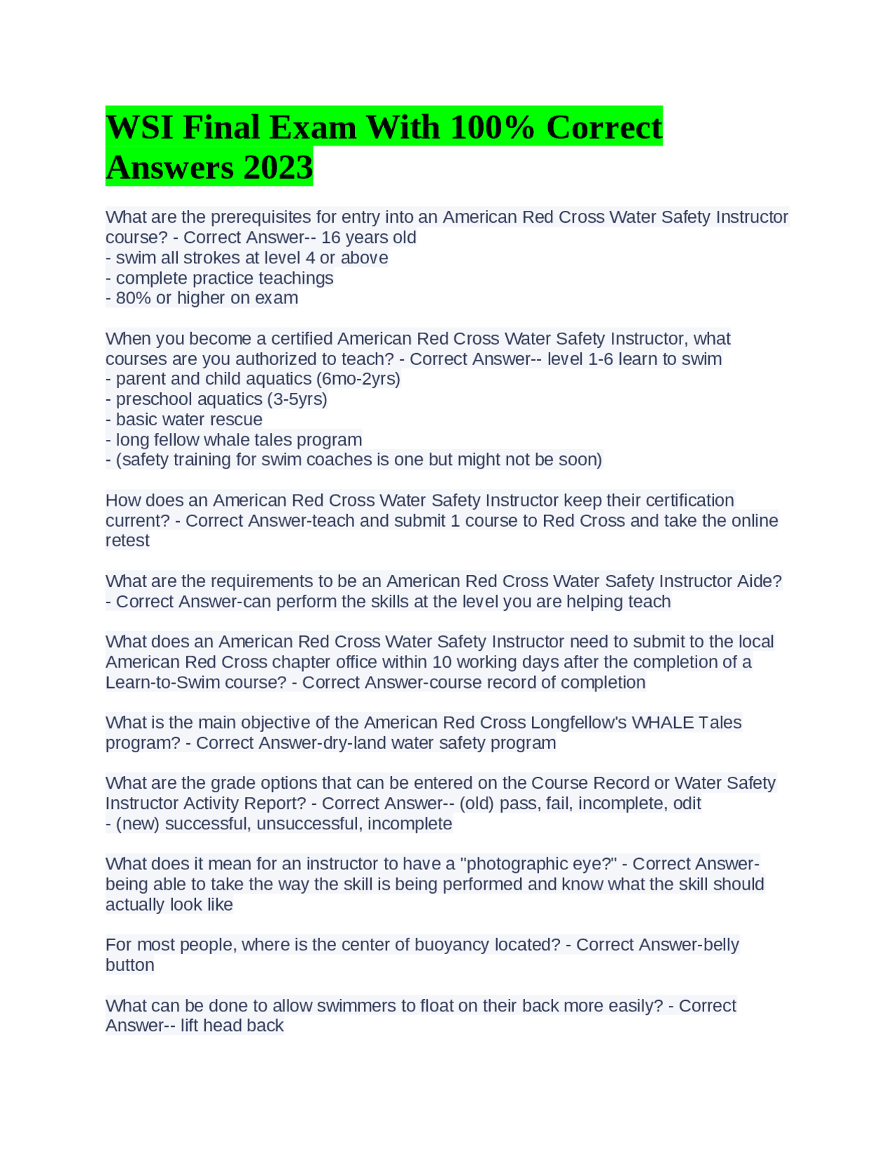 American Red Cross Water Safety Instructor Exam Questions and Answers ...