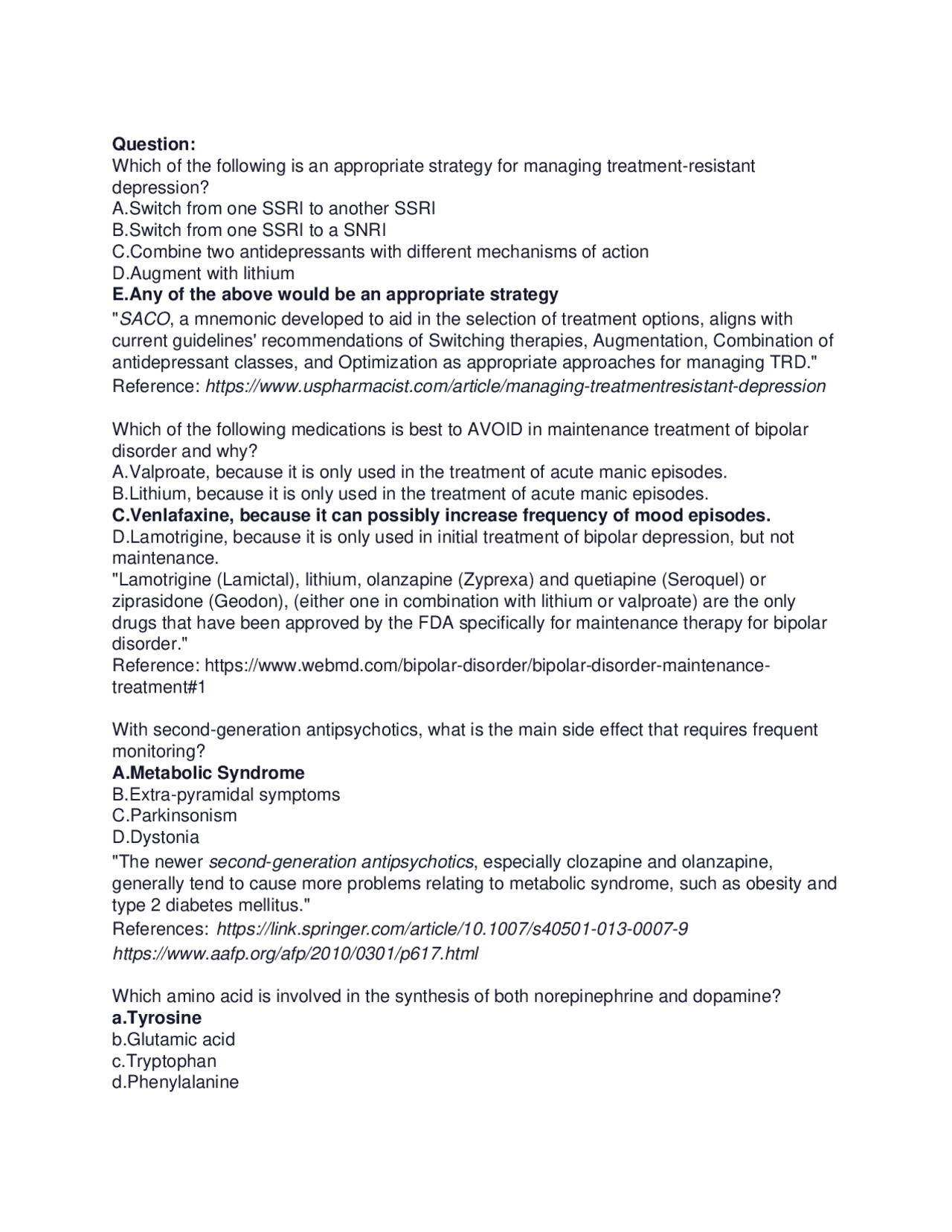 Psychiatry Multiple Choice Questions and Answers | Exams Nursing | Docsity