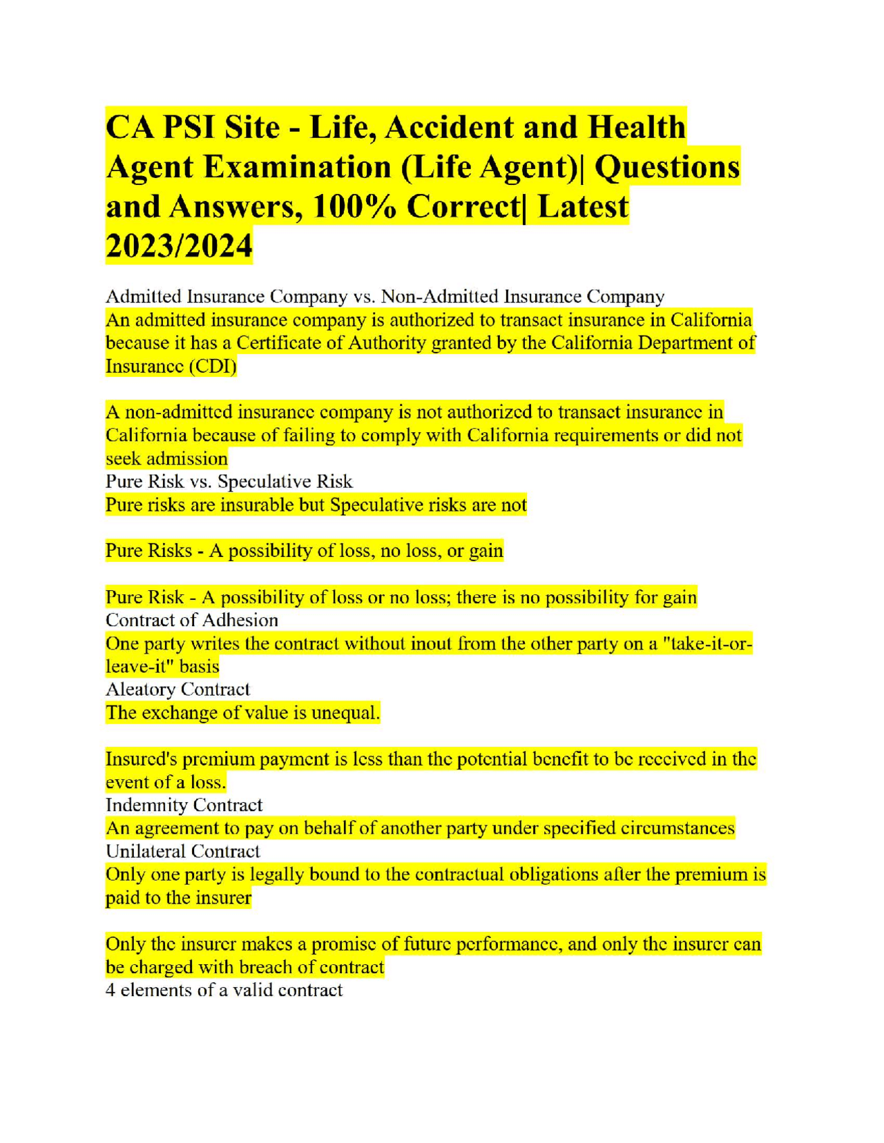 CA PSI Site - Life, Accident and Health Agent Examination (Life Agent ...