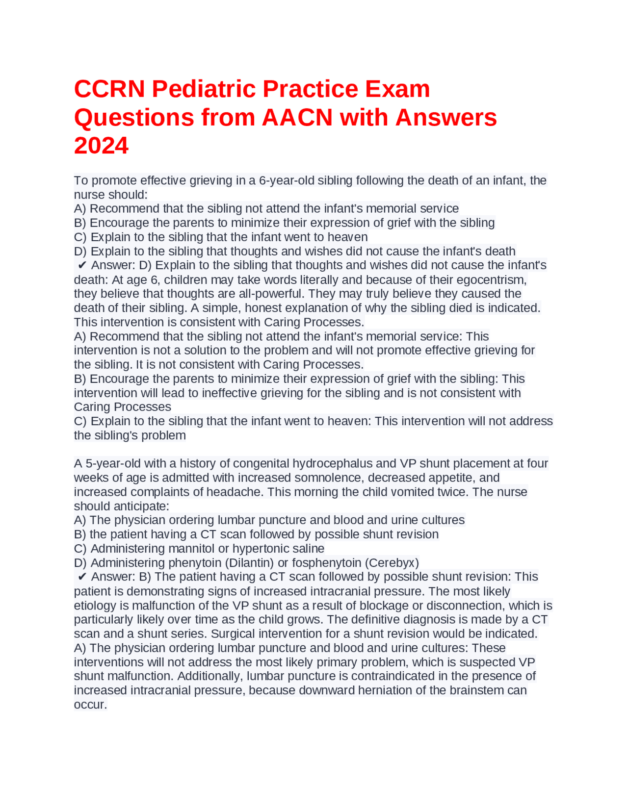 CCRN Pediatric Practice Exam: Questions and Answers | Exams Nursing ...