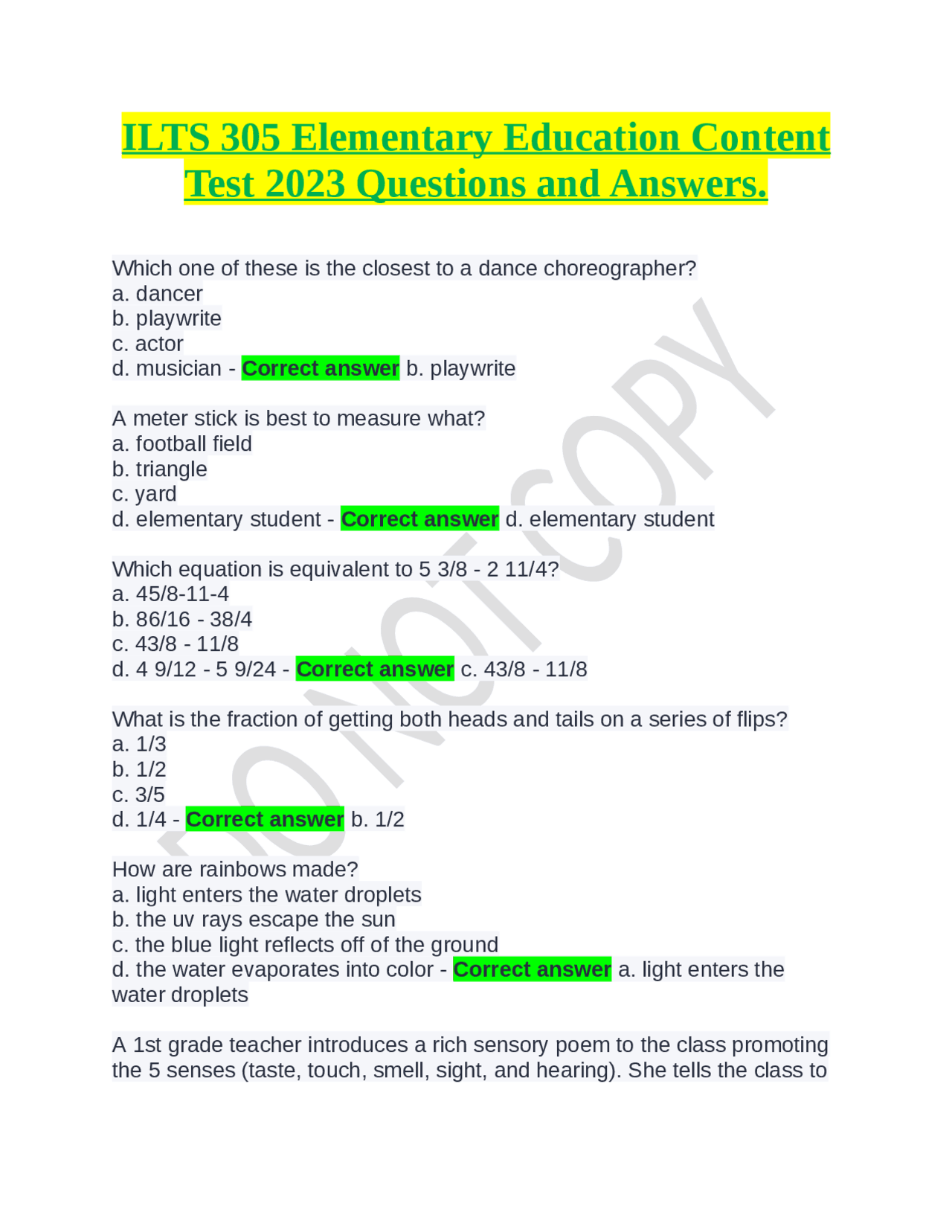 ILTS 305 Elementary Education Content Test 2023 Questions and Answers ...