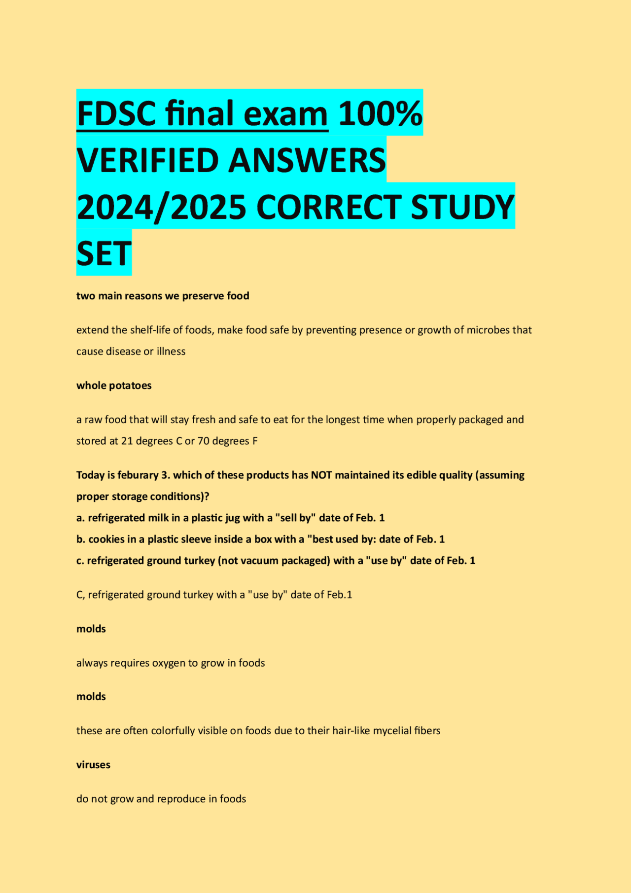 FDSC final exam 100% VERIFIED ANSWERS 2024/2025 CORRECT STUDY SET | Exams Health sciences | Docsity