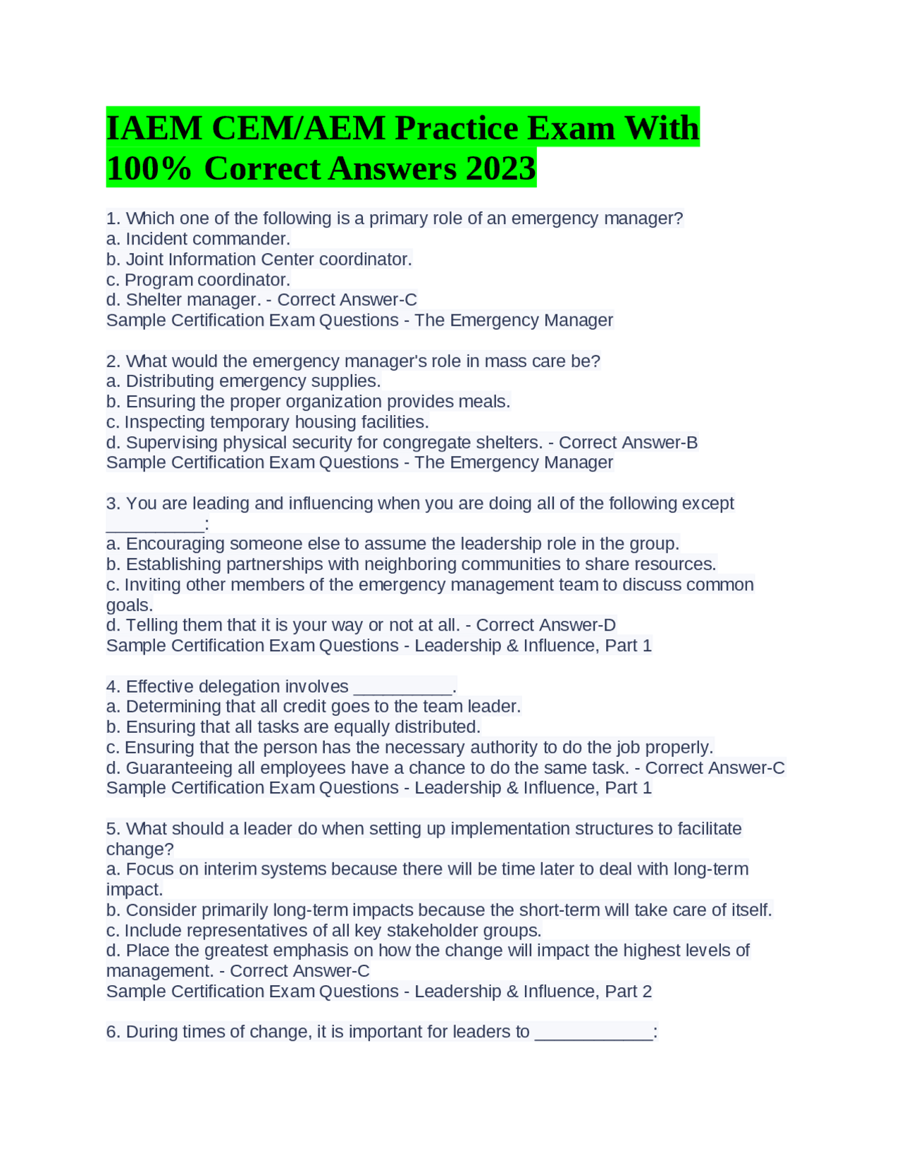 IAEM CEM/AEM Practice Exam Questions and Answers 2023 | Exams Advanced Education | Docsity