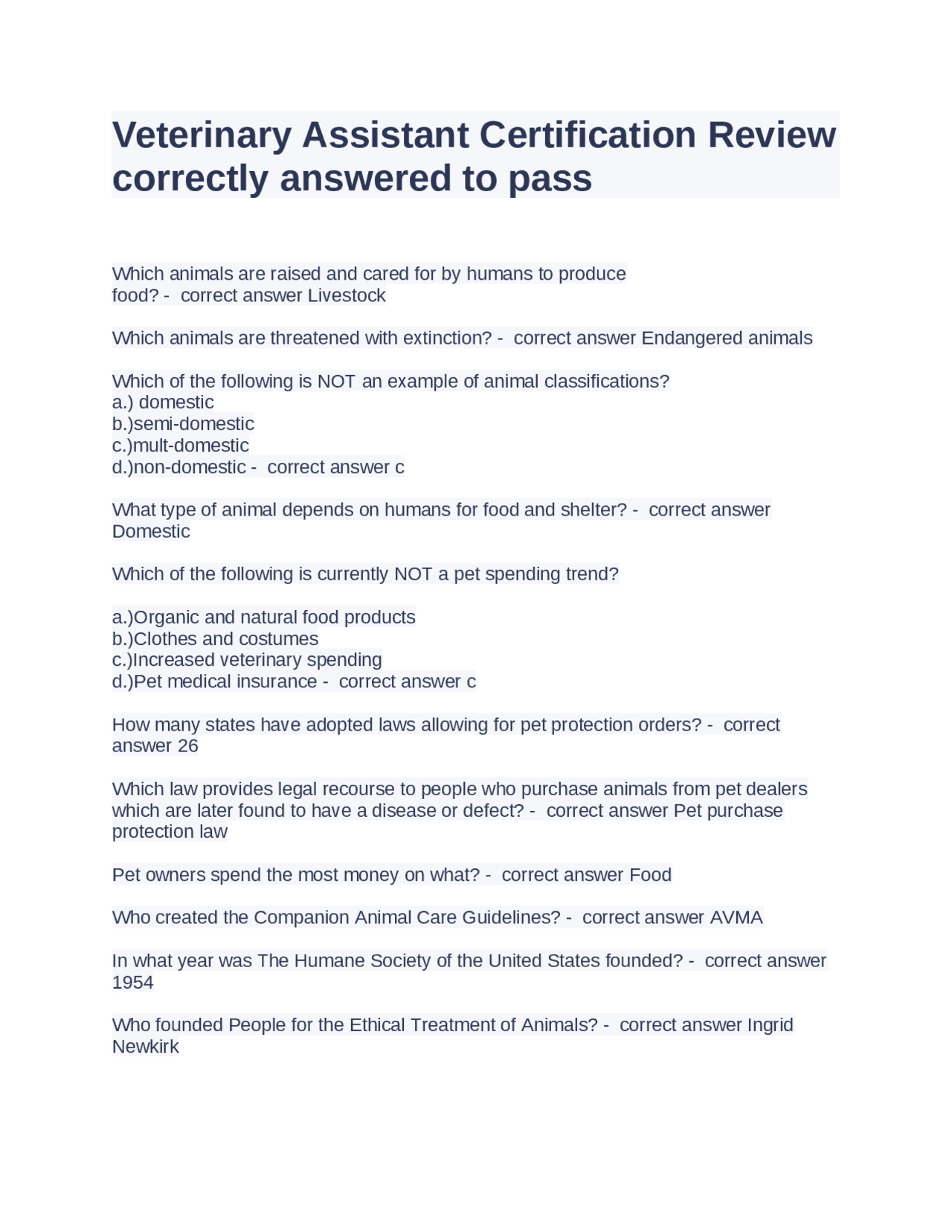 Veterinary Assistant Certification Review: Questions and Answers | Exams Nursing | Docsity