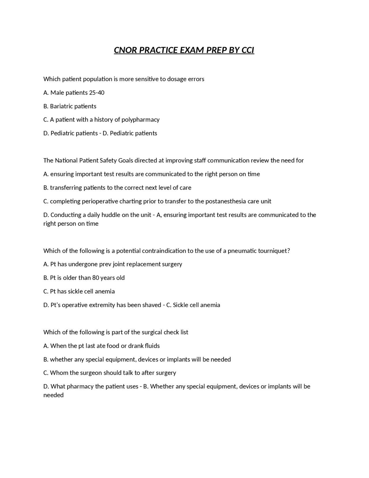 CNOR PRACTICE EXAM PREP BY CCI | Exams Advanced Education | Docsity
