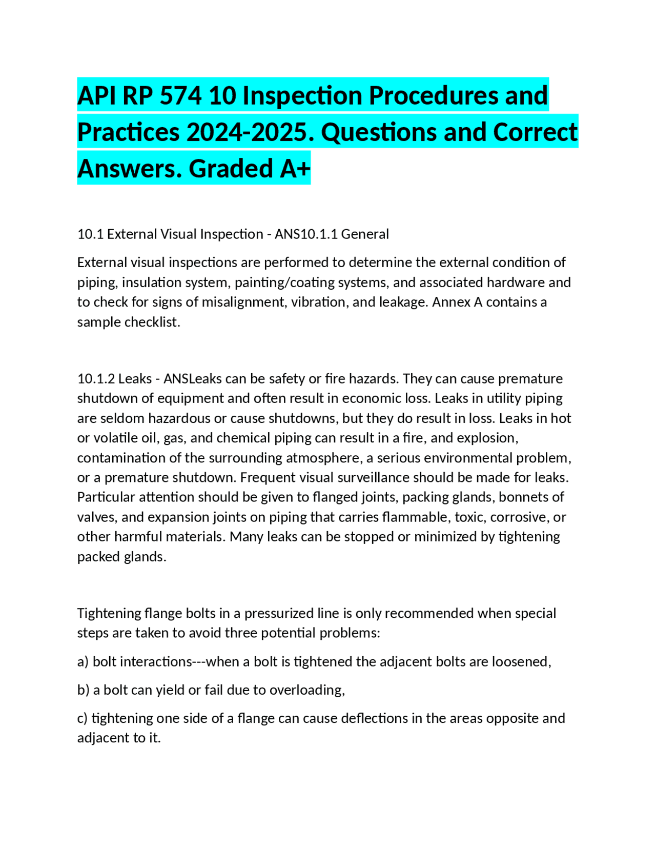 API RP 574 10 Inspection Procedures & Practices 2024-2025. Questions ...