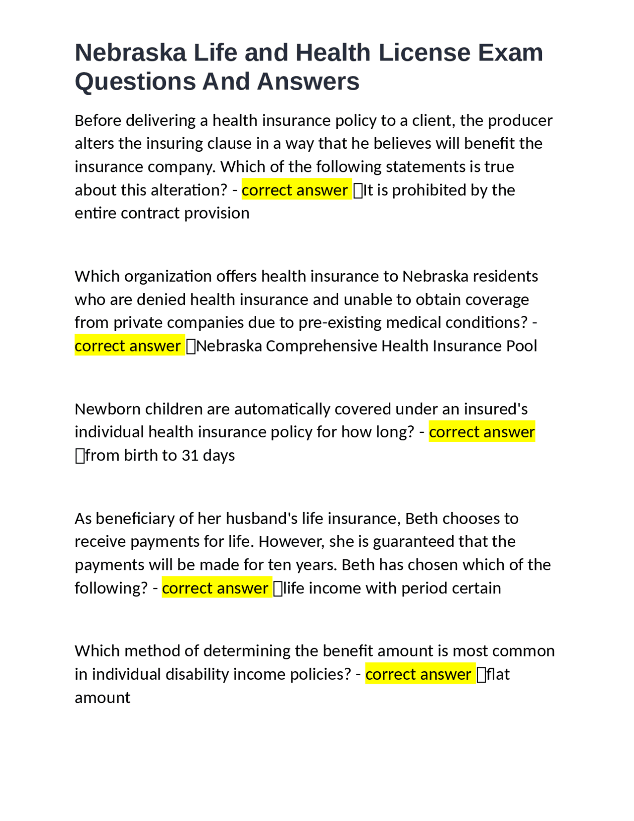Nebraska Life and Health License Exam Questions and Answers | Exams ...