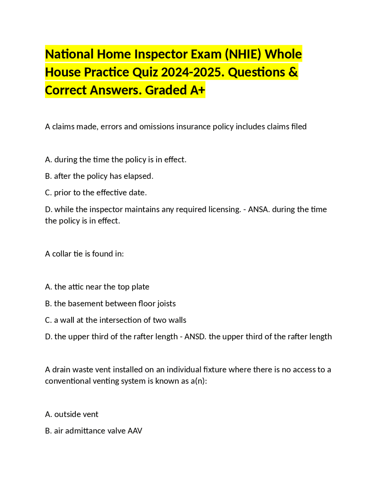 National Home Inspector Exam (NHIE) Whole House Practice Quiz 2024-2025 ...