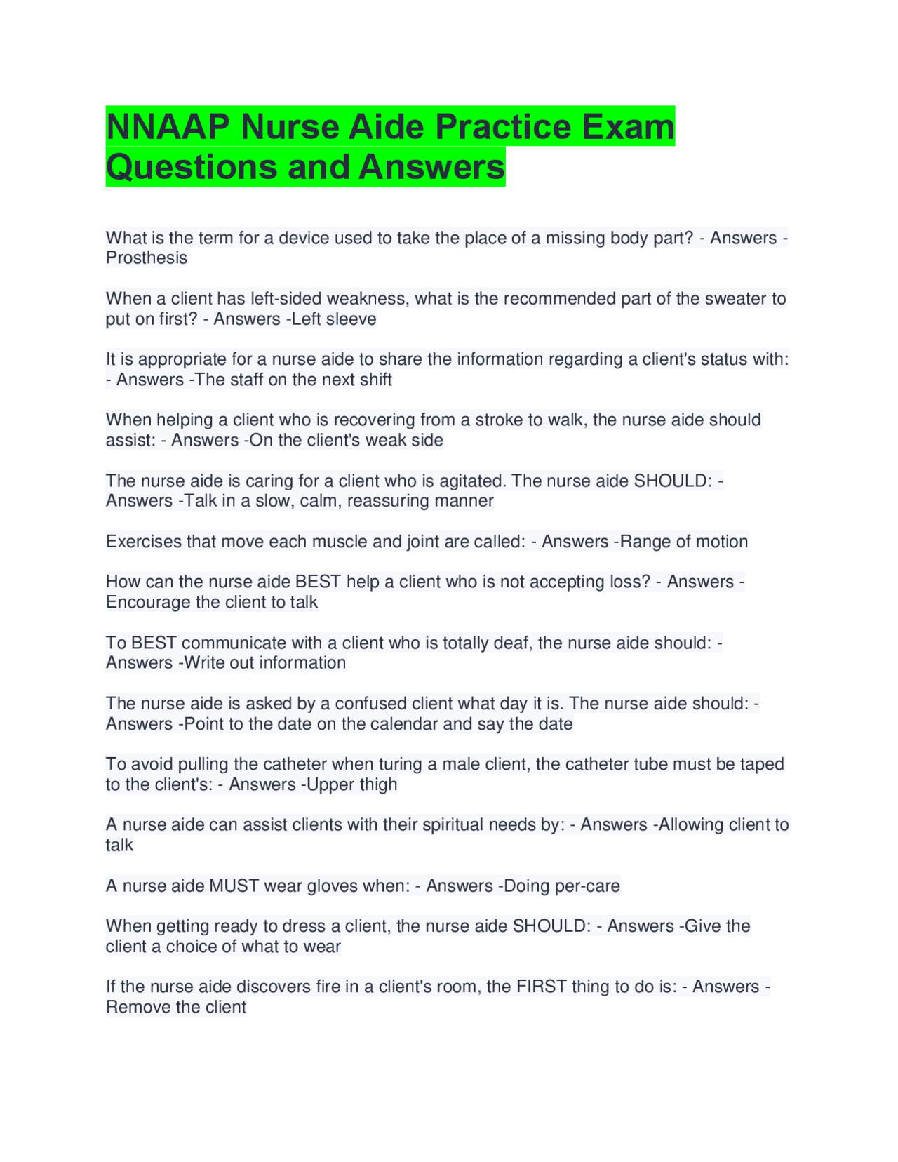 NNAAP Nurse Aide Practice Exam: Questions and Answers | Exams Advanced ...