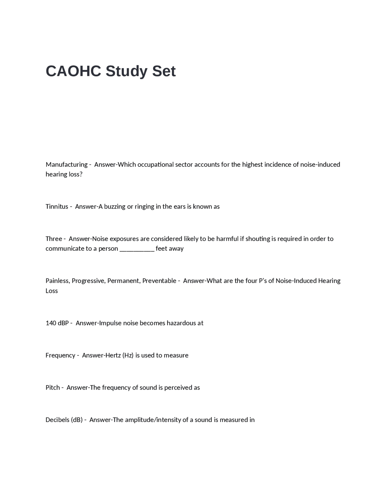 CAOHC Study Set: Noise-Induced Hearing Loss | Exams Nursing | Docsity