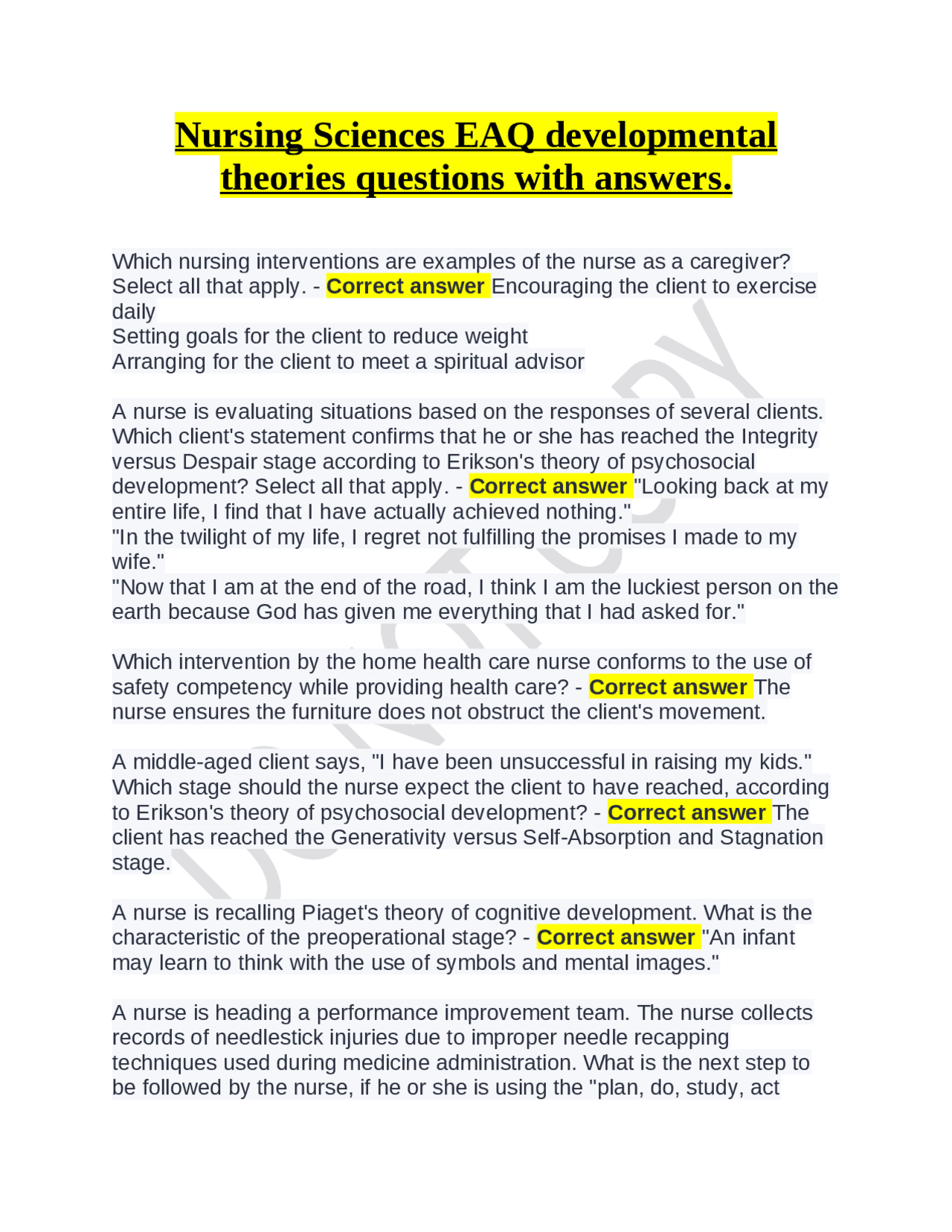 Nursing Sciences EAQ Developmental Theories Questions and Answers ...