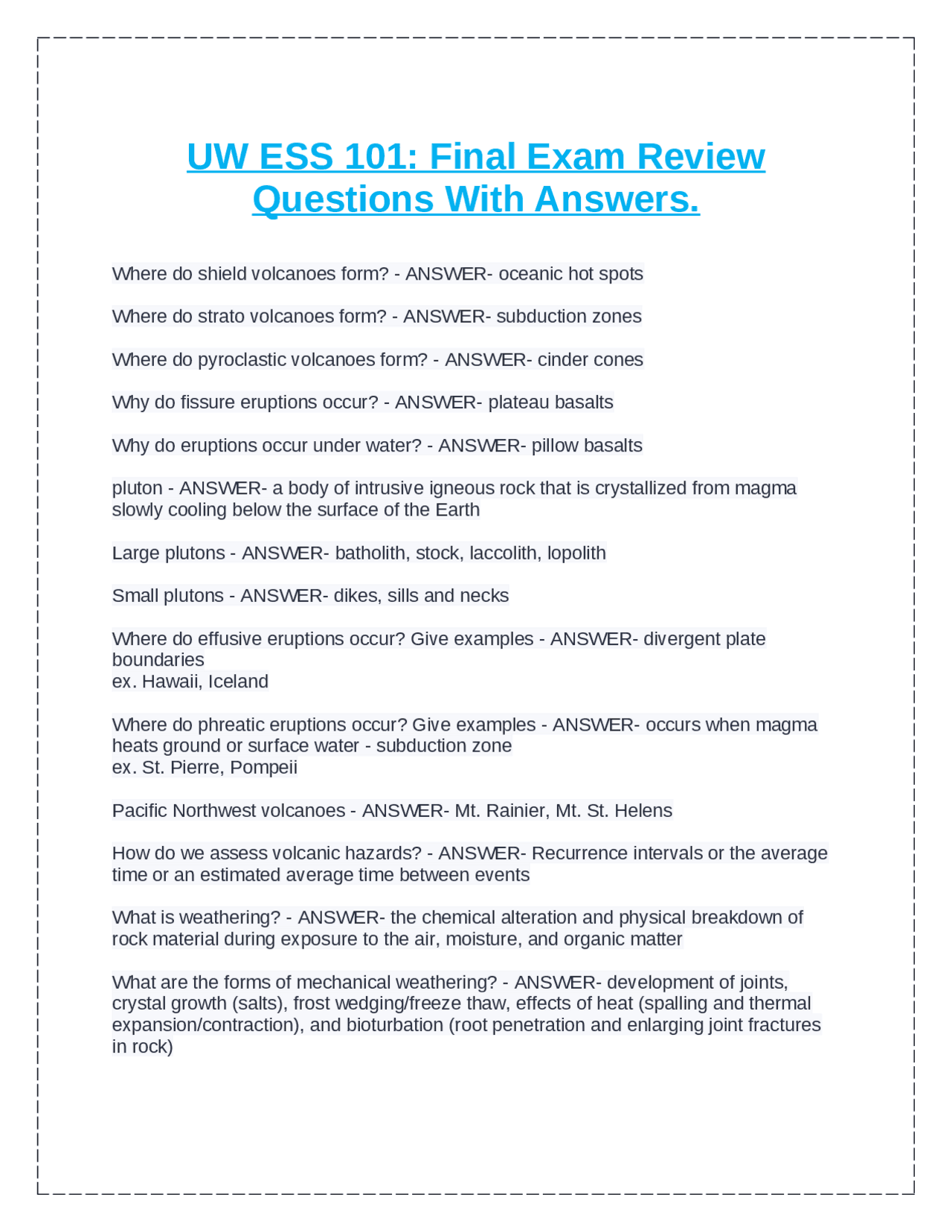 UW ESS 101: Final Exam Review - Questions and Answers on Geology | Exams Nursing | Docsity