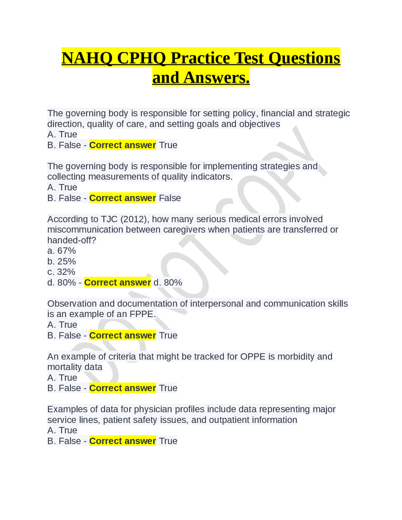 NAHQ CPHQ Practice Test Questions and Answers | Exams Chemistry | Docsity