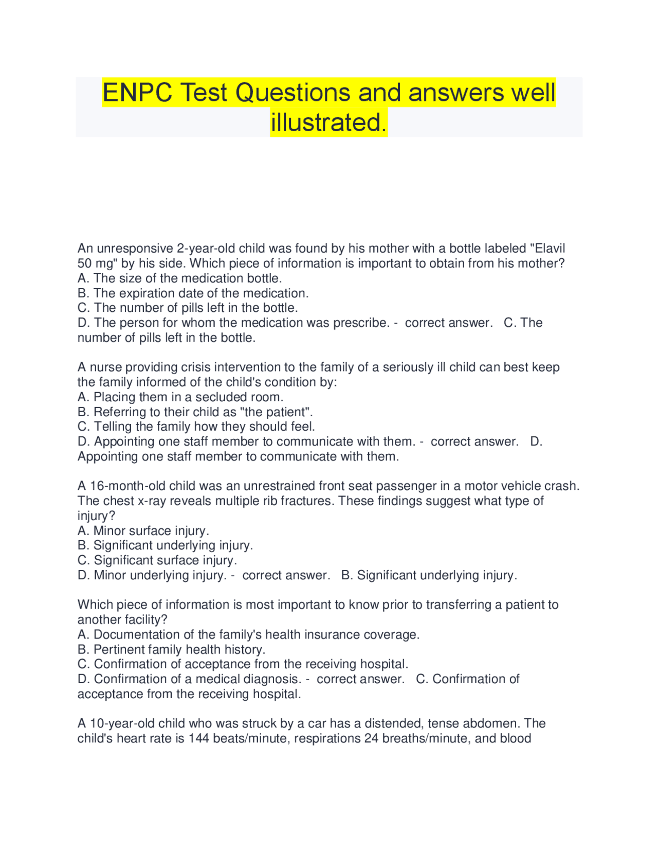 ENPC Test Questions and Answers: Pediatric Emergency Nursing | Exams ...
