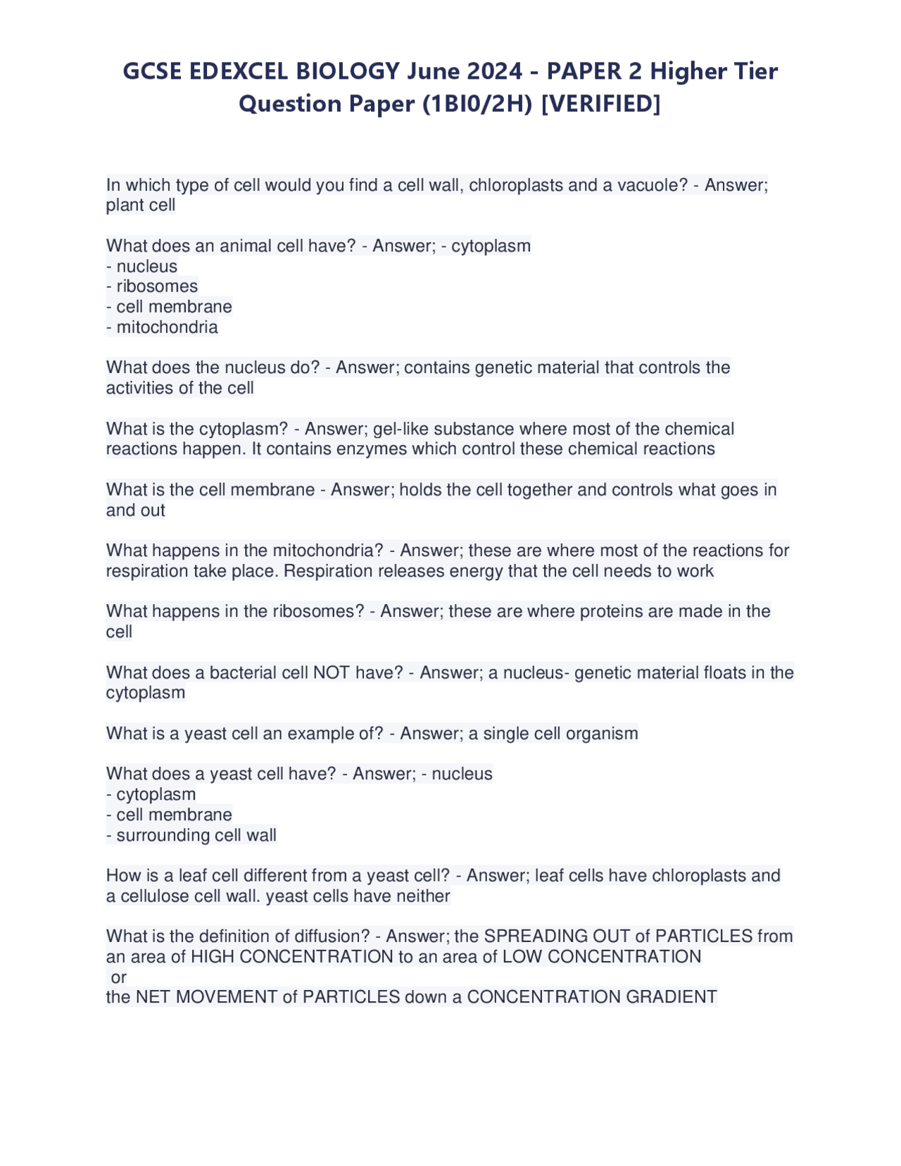 GCSE EDEXCEL BIOLOGY June 2024 - PAPER 2 Higher Tier Question Paper ...