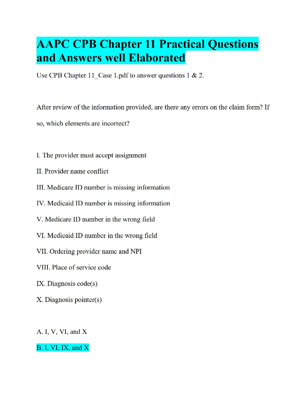 AAPC CPB Chapter 11 Practical Questions and Answers well Elaborated ...