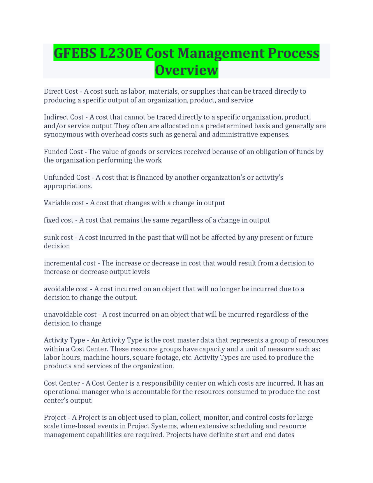 GFEBS L230E Cost Management Process Overview: Definitions, Sub ...