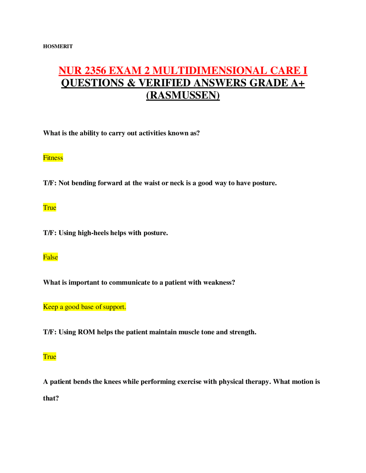 NUR 2356 EXAM 2 MULTIDIMENSIONAL CARE I: Questions & Verified Answers ...