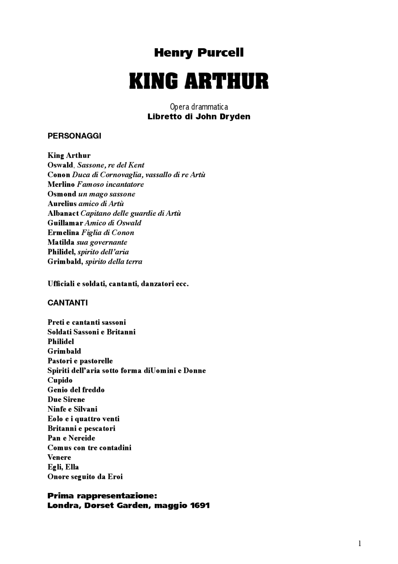 King Arthur: Opera Drammatica di Henry Purcell | Schemes and Mind Maps ...