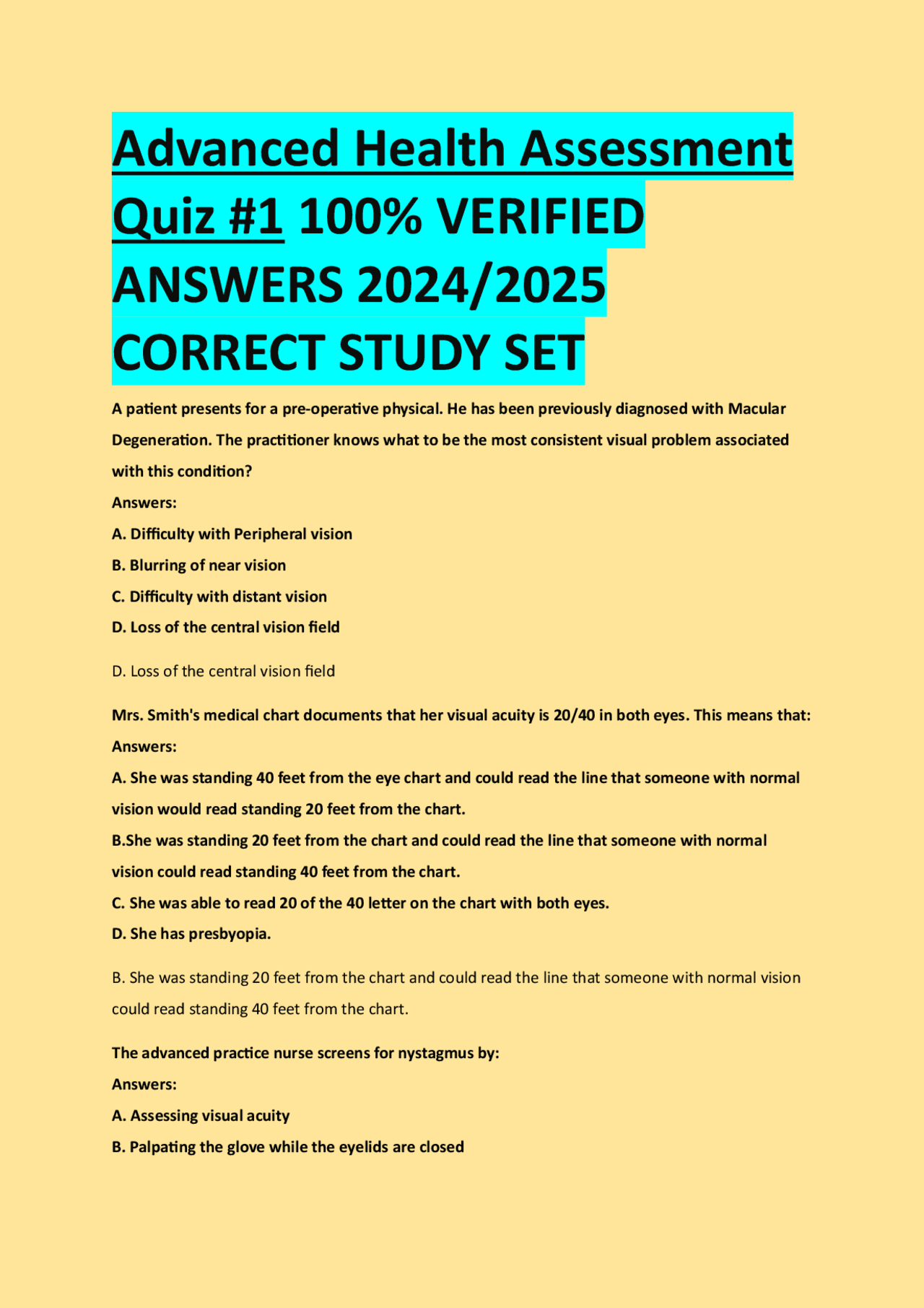 Advanced Health Assessment Quiz #1 100% VERIFIED ANSWERS 2024/2025 ...