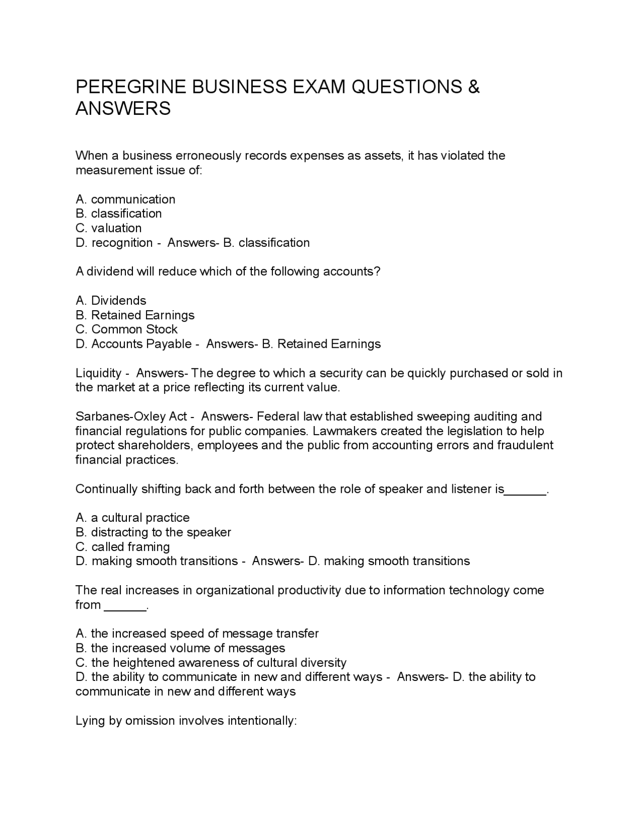 Business Exam Questions and Answers | Exams Social Sciences | Docsity