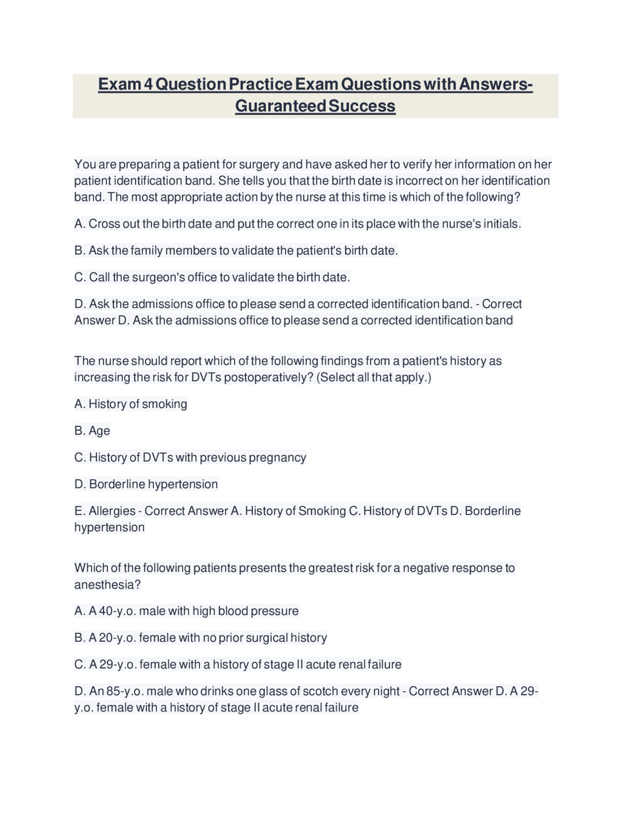 Preoperative Nursing Practice: Multiple Choice Questions and Answers ...