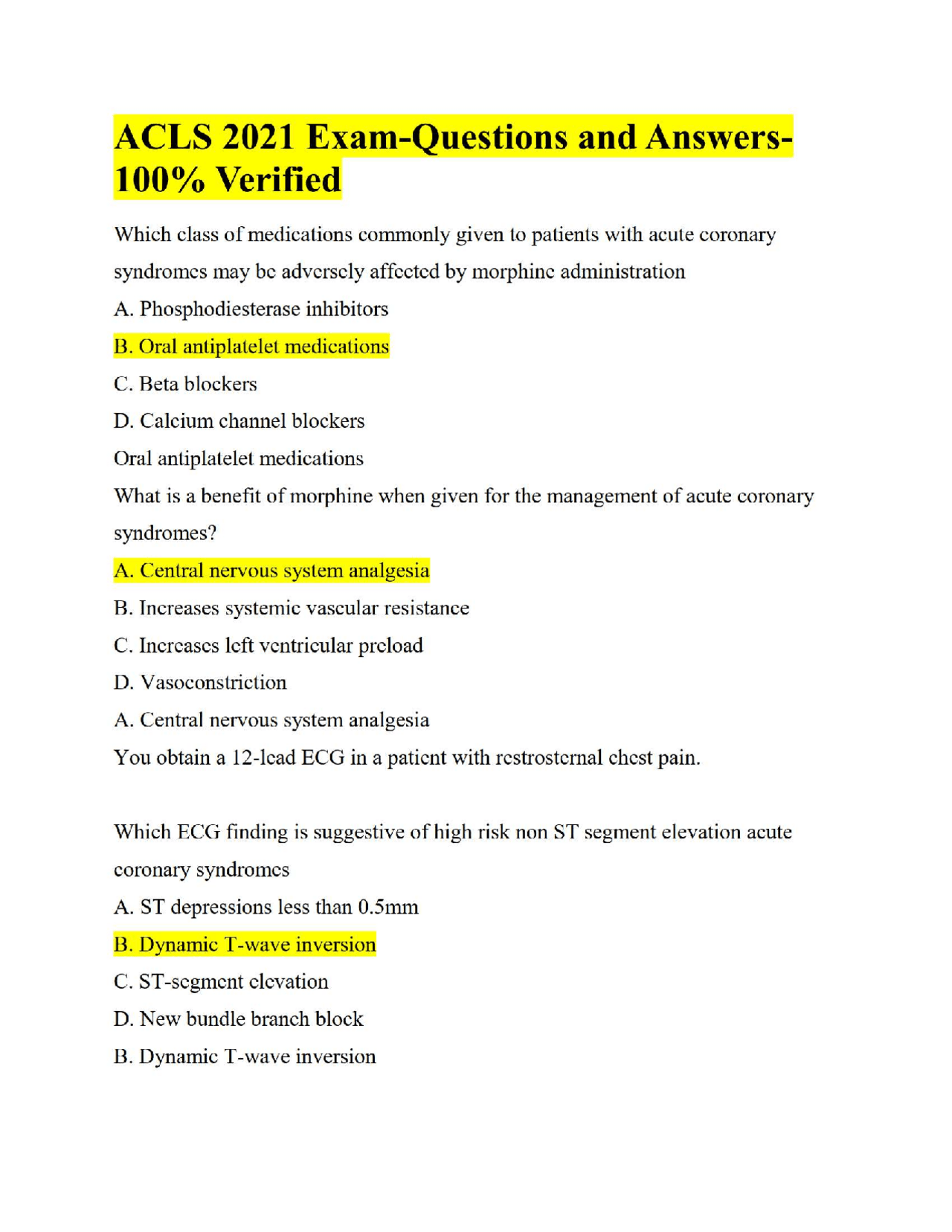 ACLS 2021 Exam-Questions and Answers- 100% Verified | Exams Nursing | Docsity