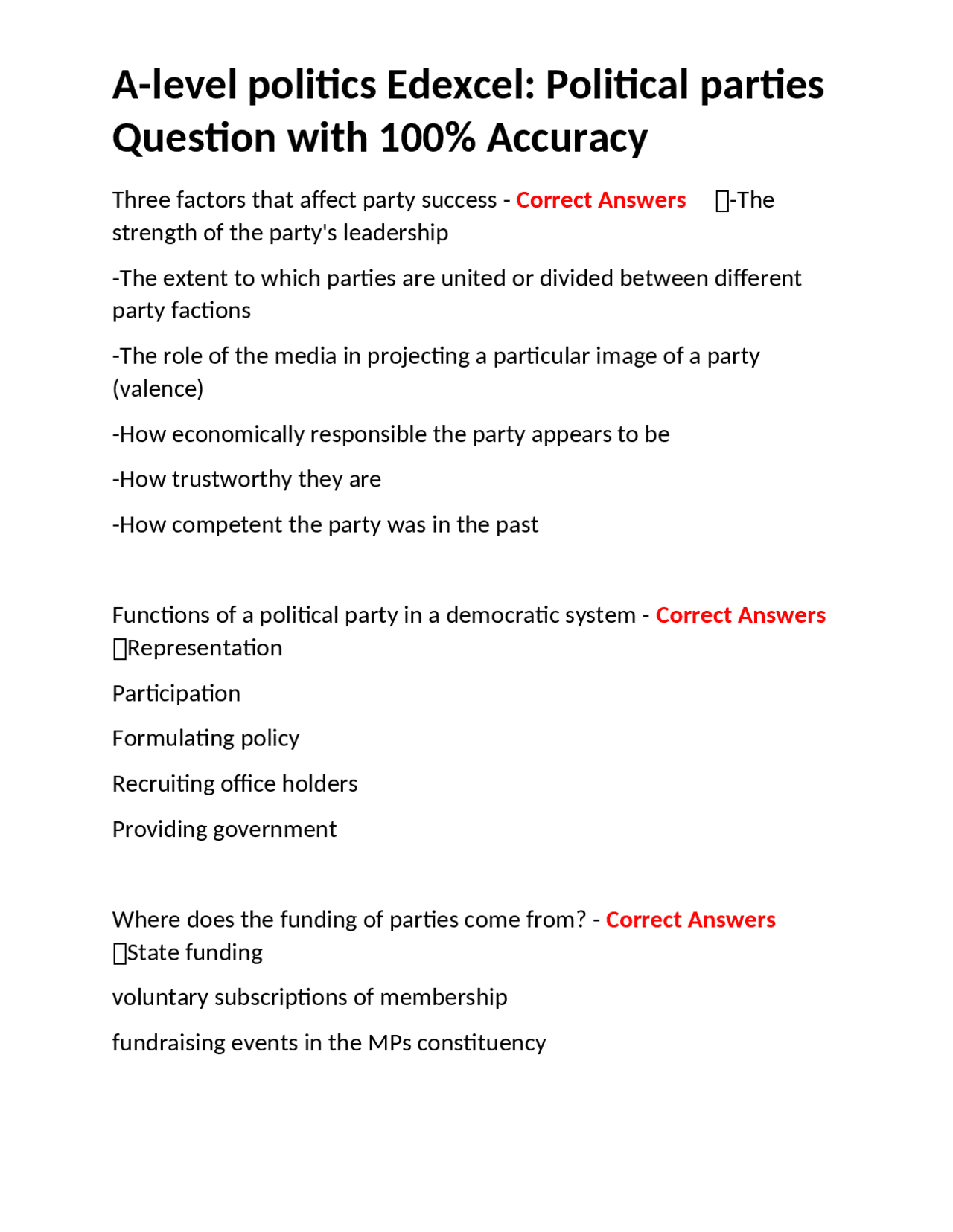 A-level politics Edexcel: Political parties Question with 100% Accuracy ...