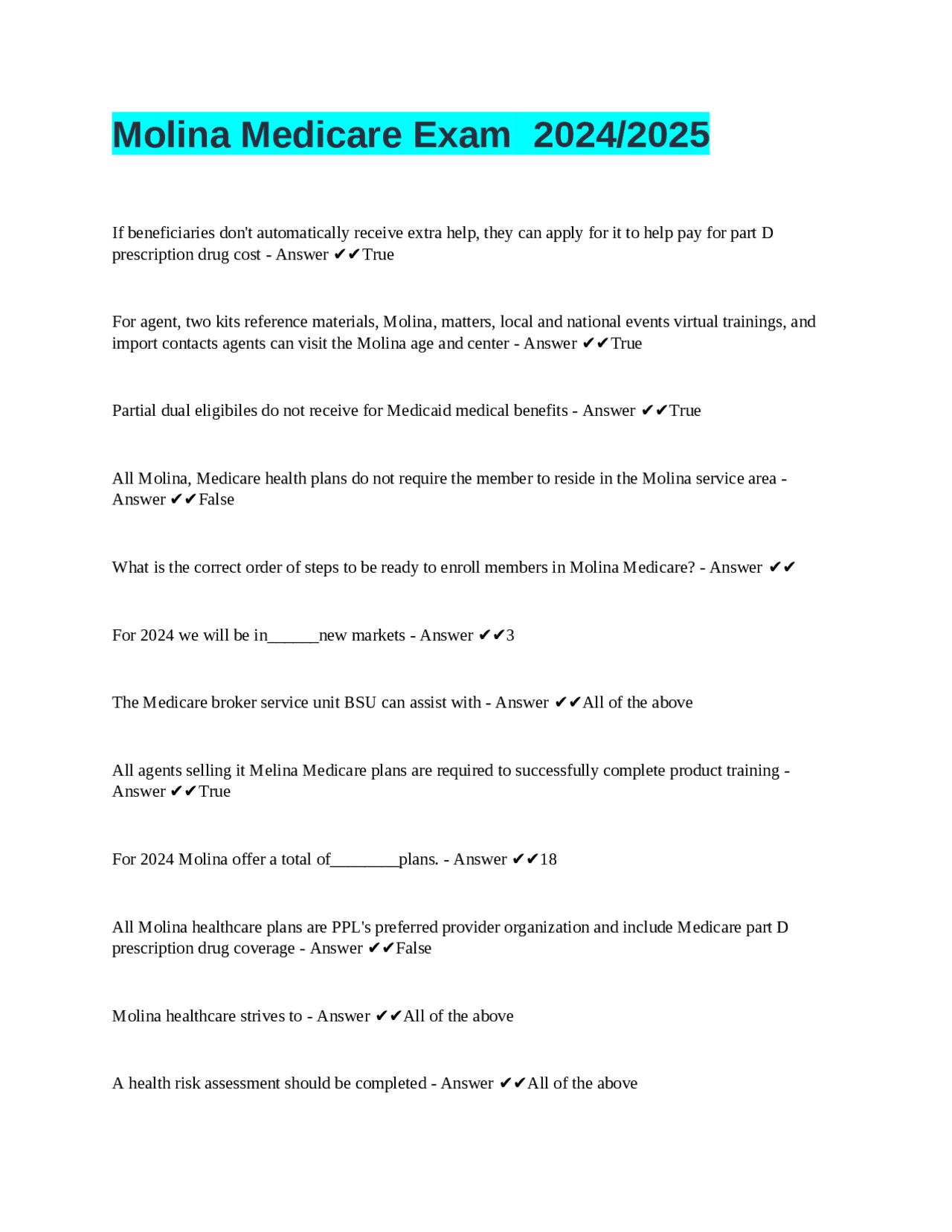 Molina Medicare Exam 2024/2025: Questions and Answers | Exams Nursing ...