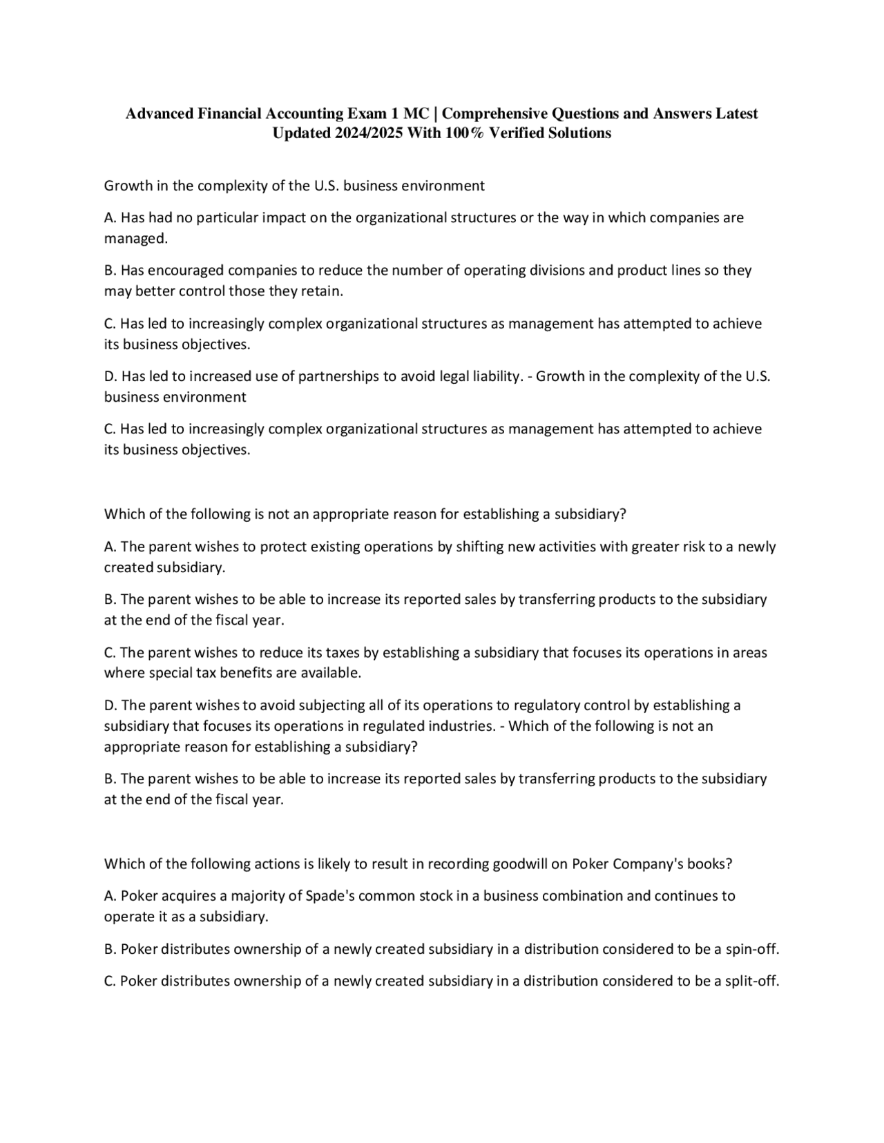 Advanced Financial Accounting Exam 1: Multiple Choice Questions and ...