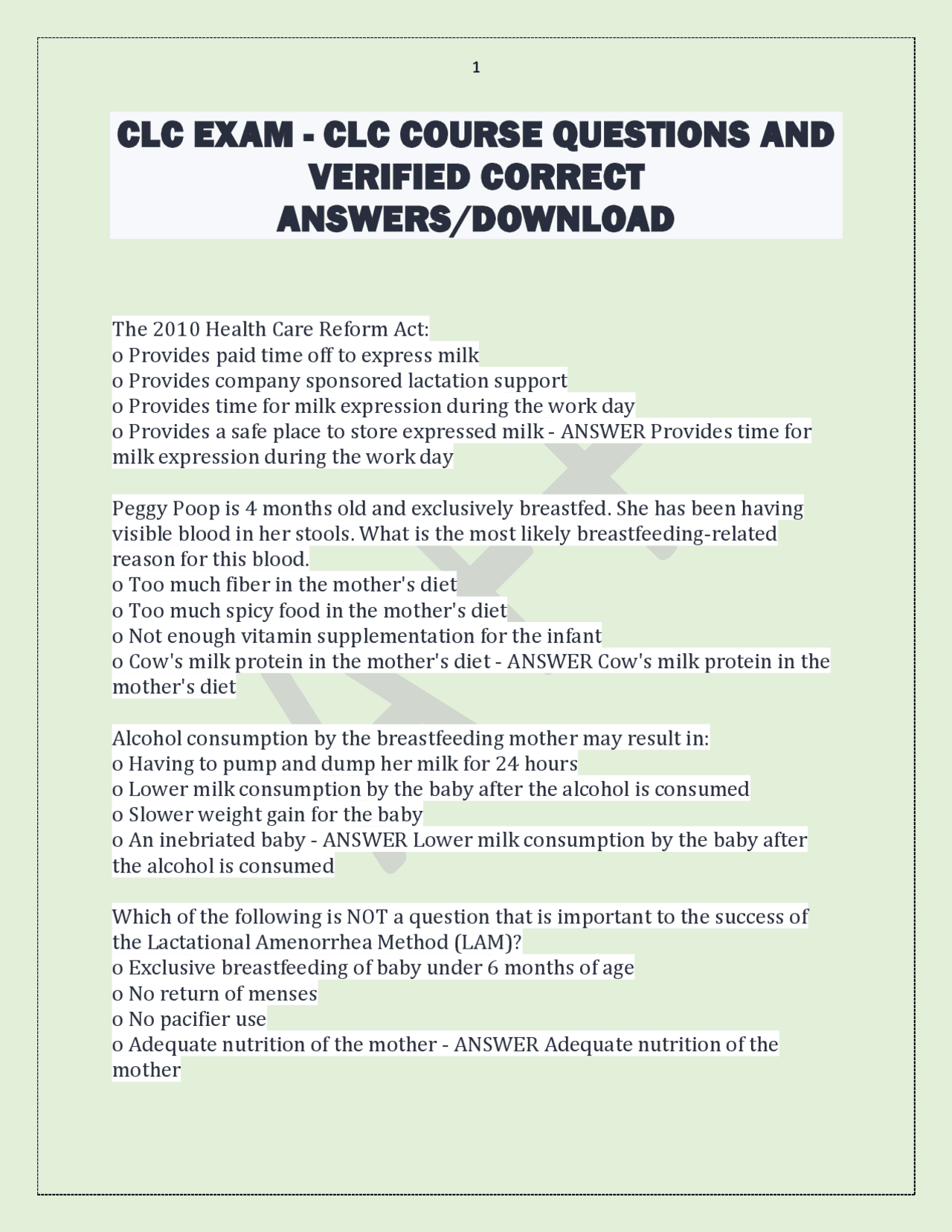 CLC EXAM - CLC COURSE QUESTIONS AND VERIFIED CORRECT ANSWERS/DOWNLOAD | Exams Nursing | Docsity