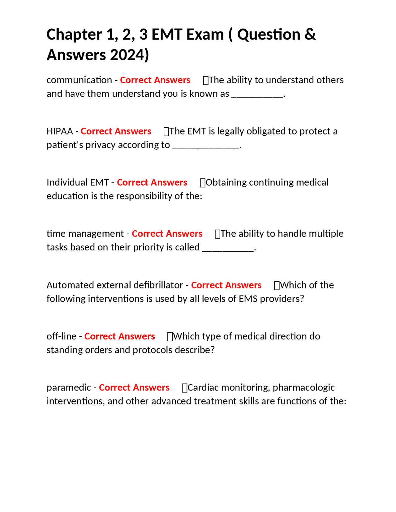 Chapter 1, 2, 3 EMT Exam ( Question & Answers 2024) | Exams Nursing ...