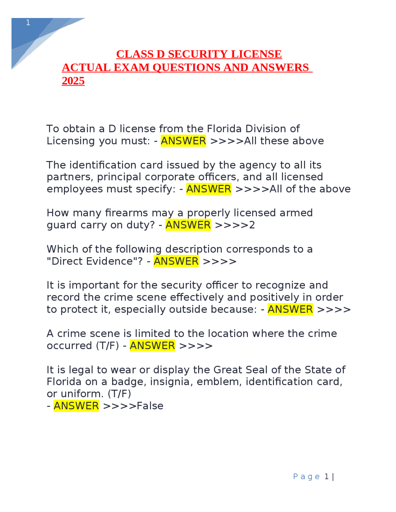 Class D Security License Exam Questions and Answers 2025 | Exams ...