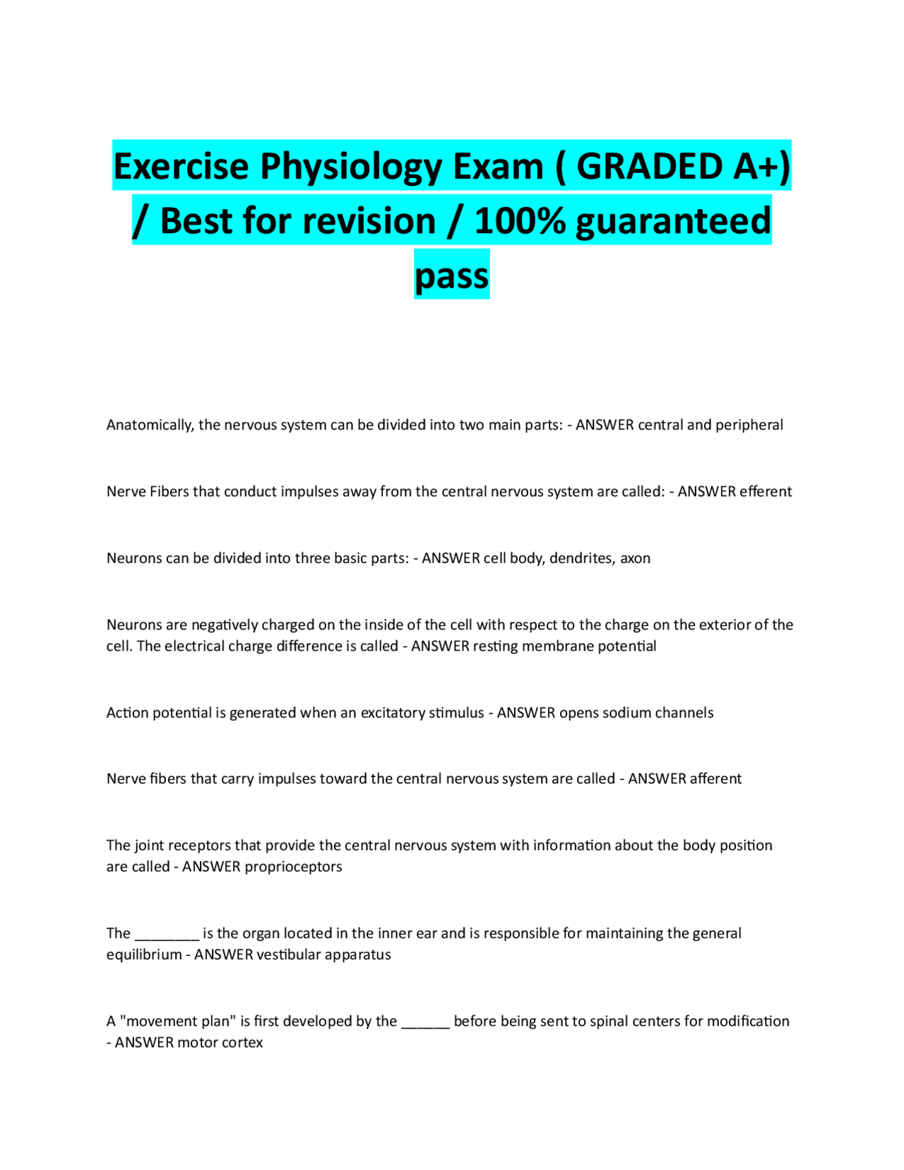 Exercise Physiology Exam Questions and Answers | Exams Nursing | Docsity