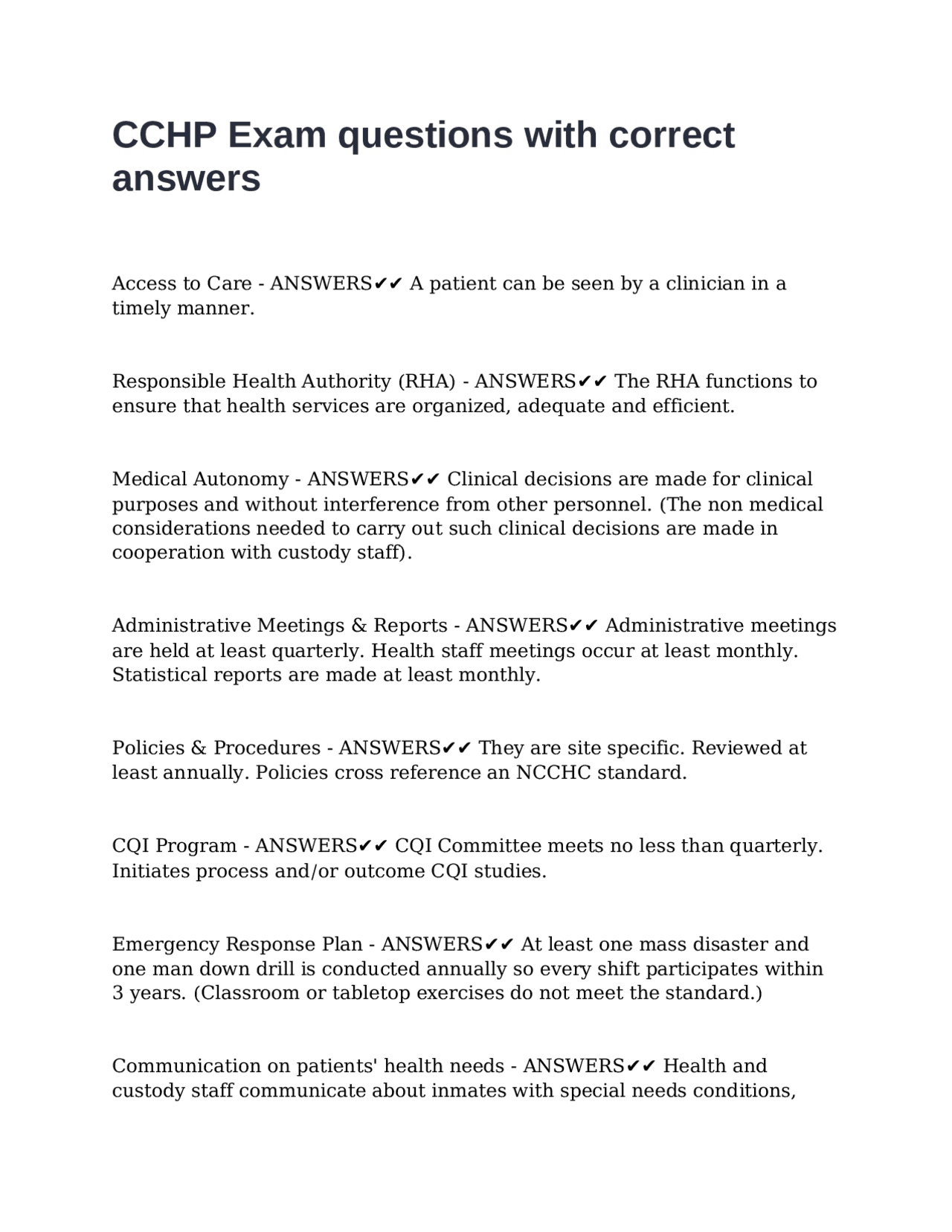 CCHP Exam Questions and Answers: Healthcare in Correctional Facilities ...