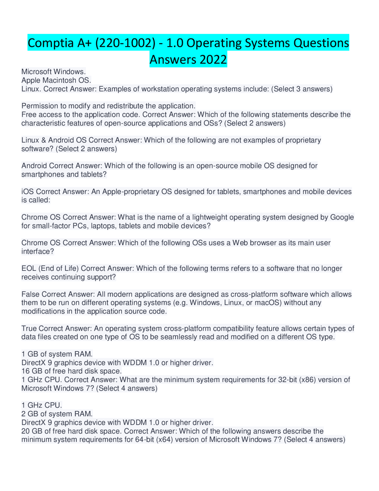 Comptia A+ (220-1002) - 1.0 Operating Systems Questions Answers | Exams Computer Science | Docsity
