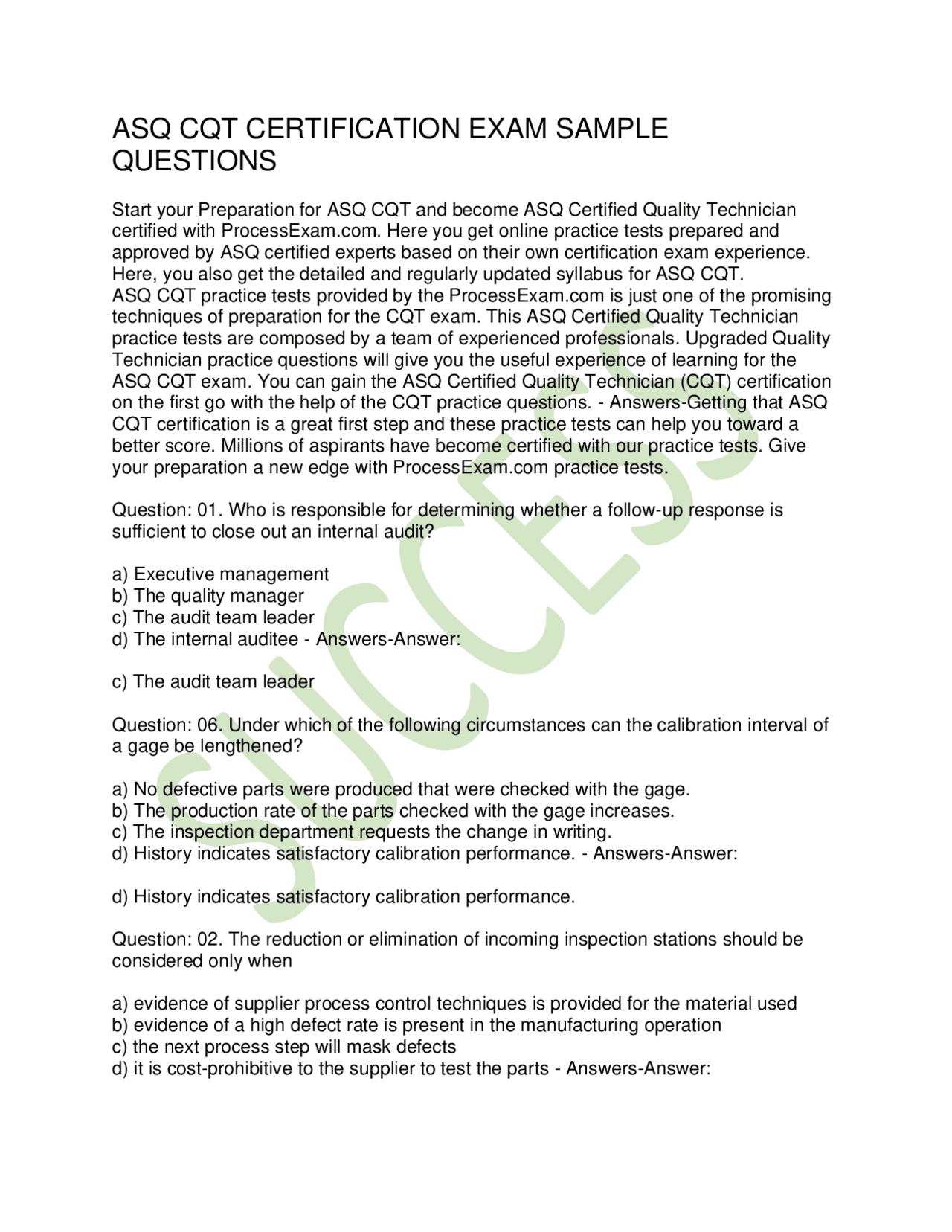 ASQ CQT CERTIFICATION EXAM SAMPLE QUESTIONS | Exams Social Sciences ...