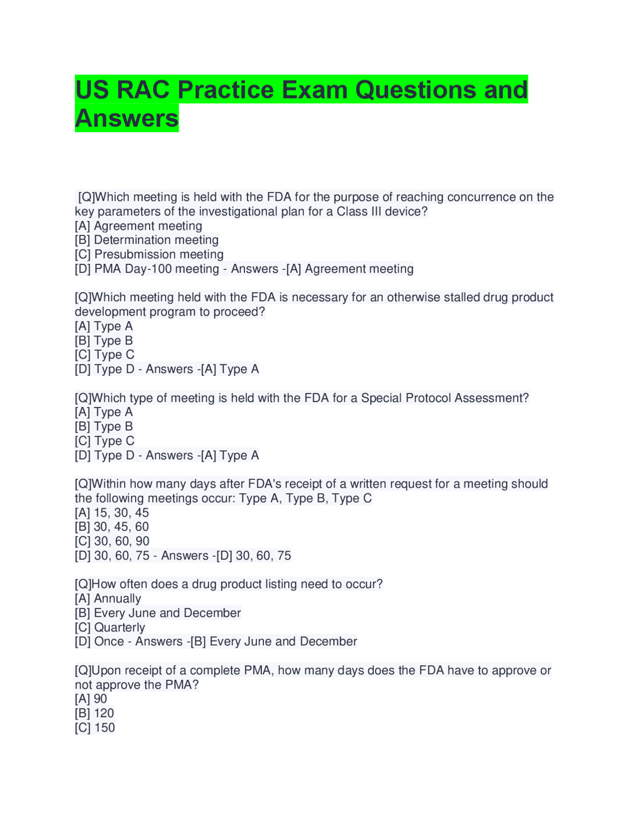 US RAC Practice Exam Questions and Answers for Medical Devices and ...