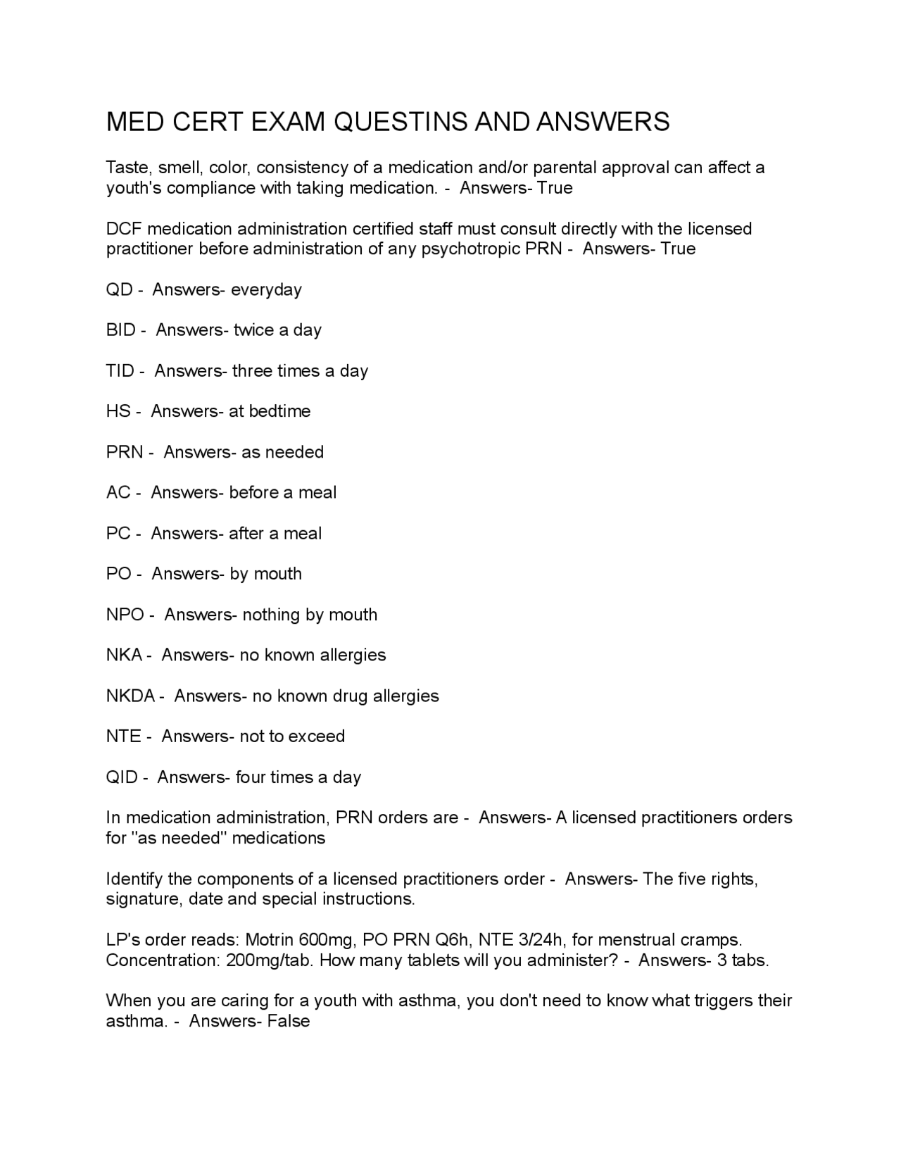 Medication Administration: Questions and Answers for Certified Staff ...