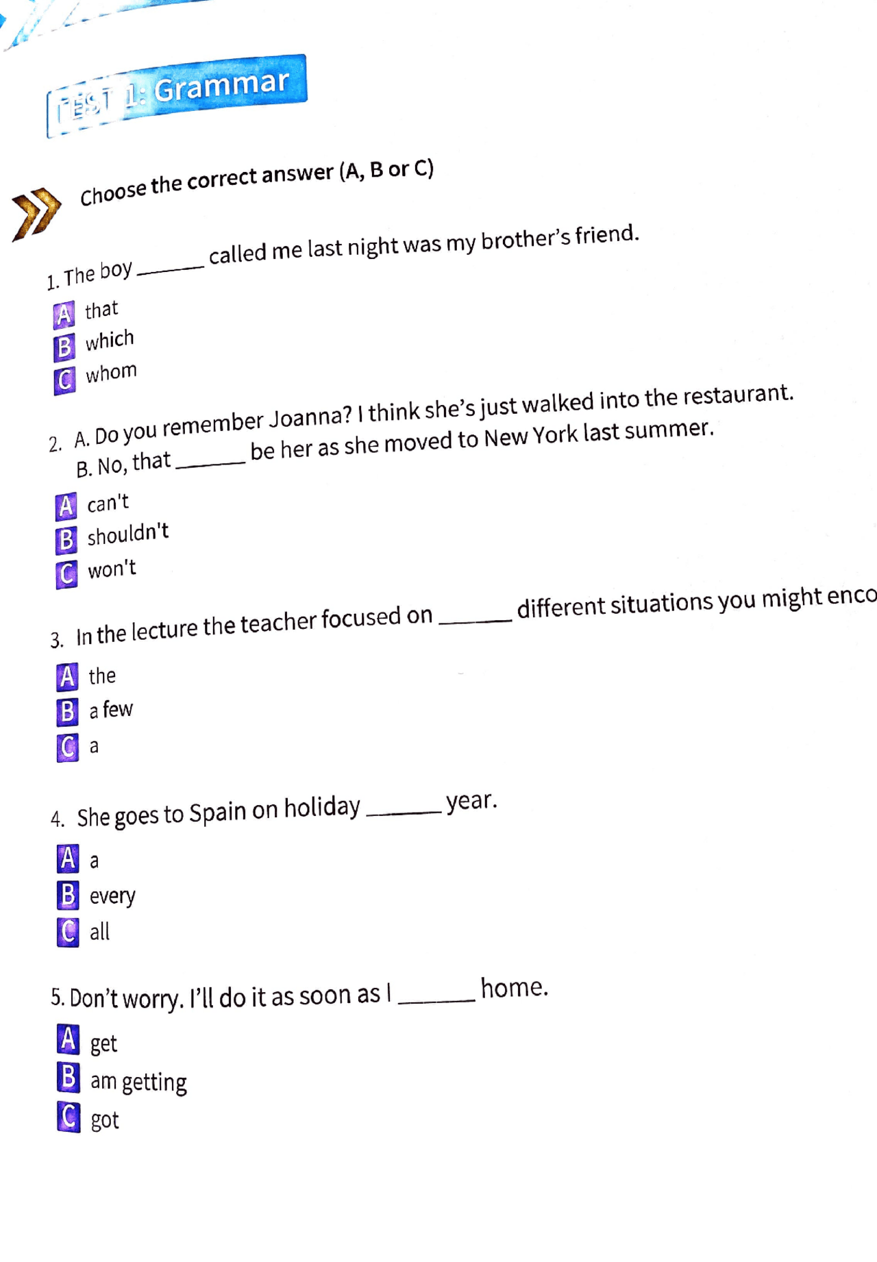 English Grammar Exercises: Multiple Choice Questions | Ejercicios de Inglés | Docsity