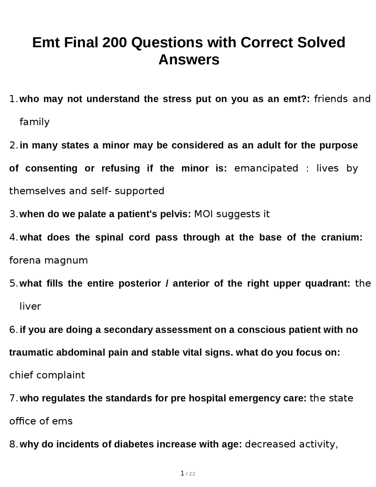 EMT Final Exam: 200 Questions with Solved Answers | Exams Medicine ...
