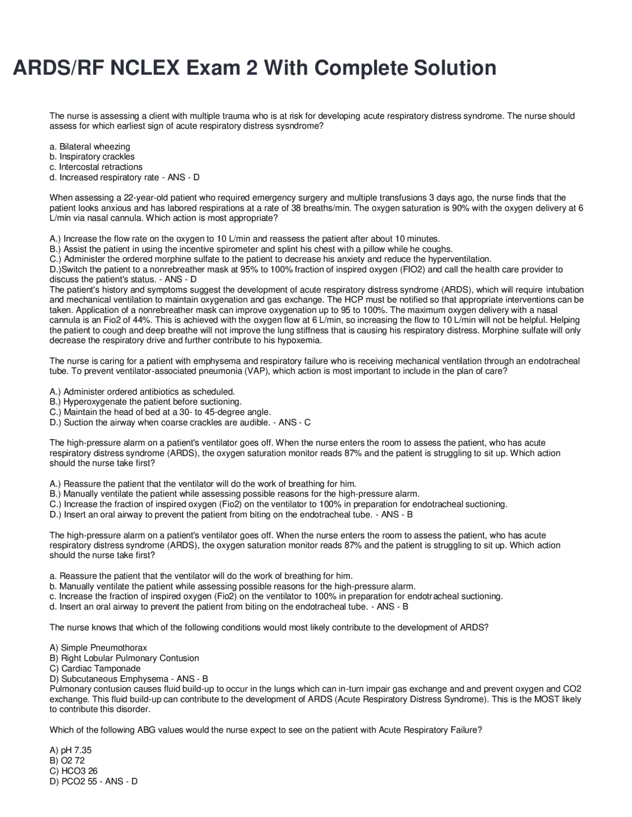 ARDS/RF NCLEX Exam 2 With Complete Solution: Multiple Choice Questions ...