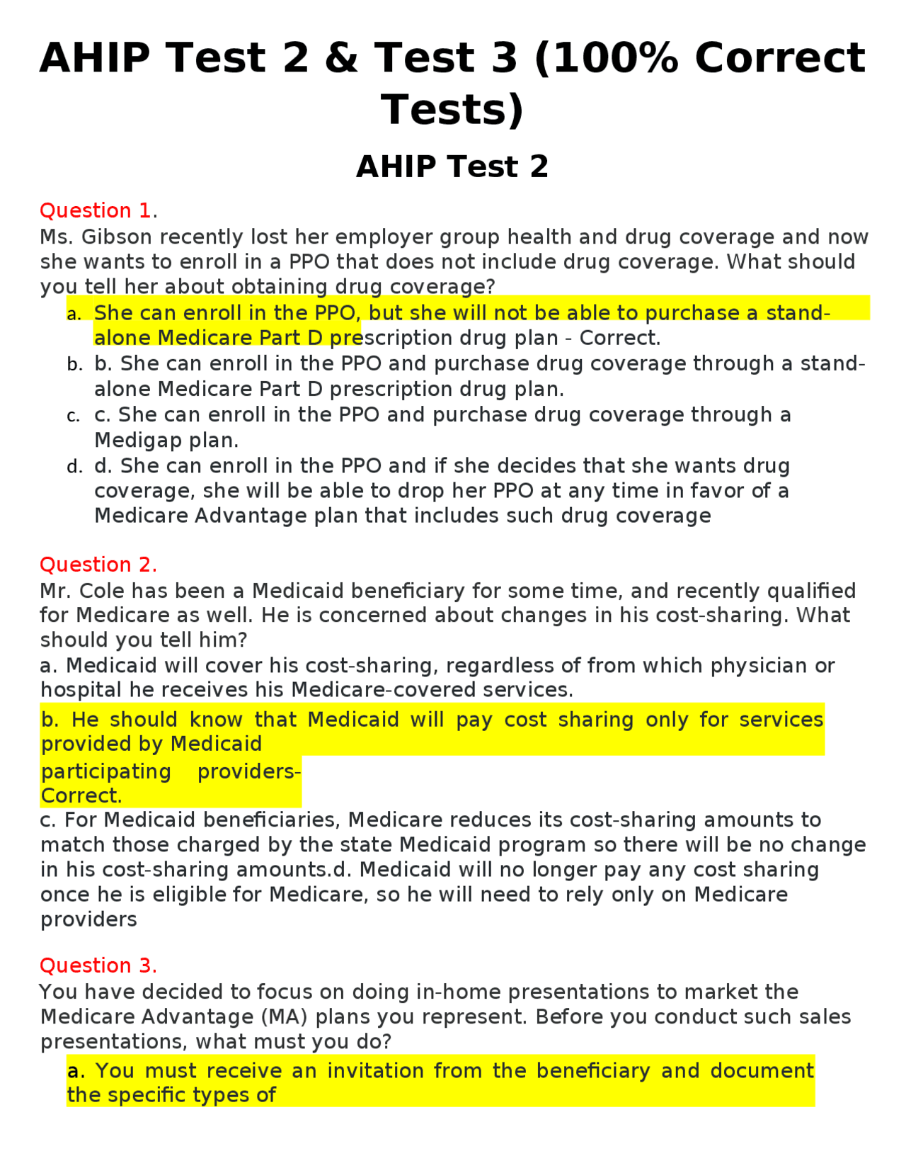AHIP Test 2 & Test 3 (100% Correct Tests) AHIP Test 2 | Exams Nursing ...