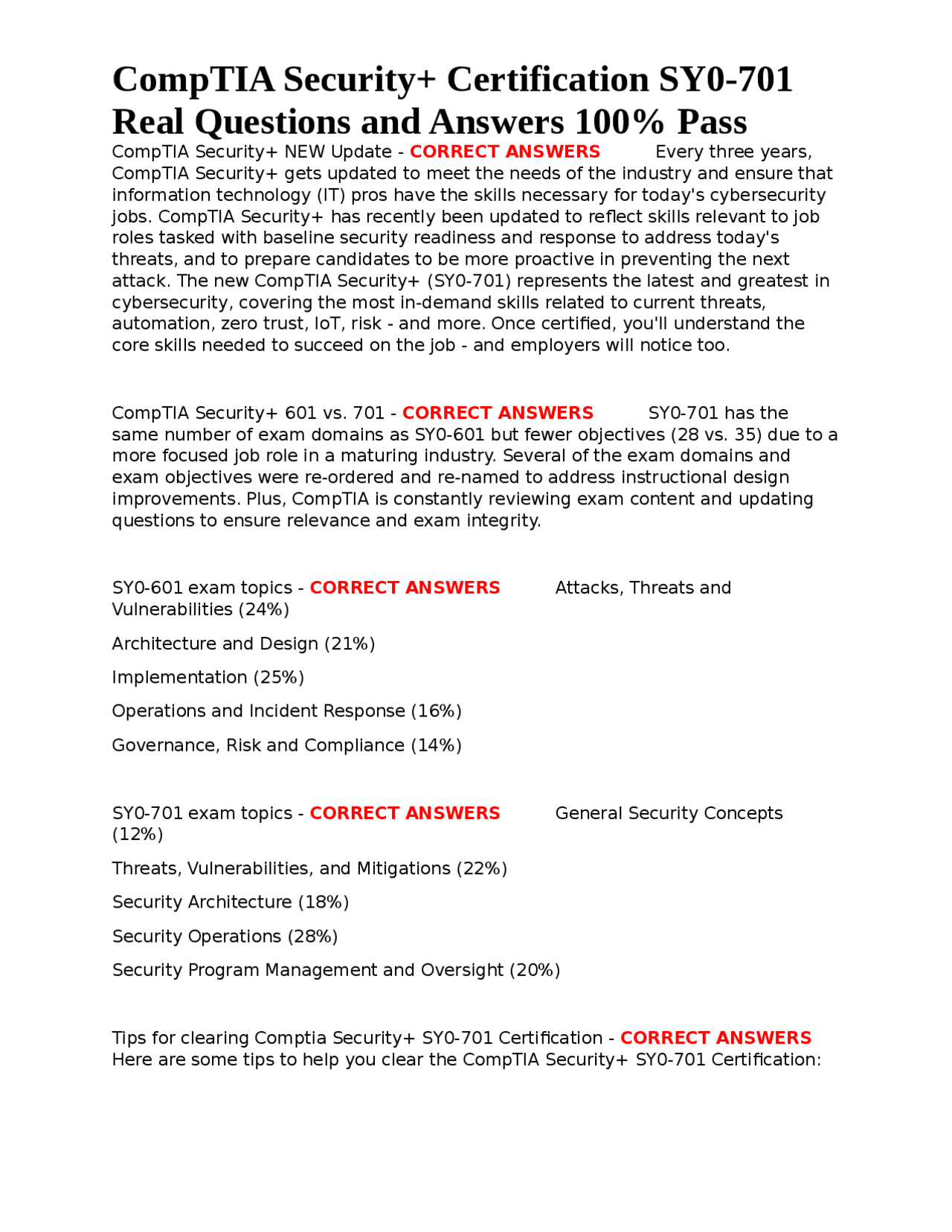 CompTIA Security+ Certification SY0-701 Real Questions and Answers 100% ...